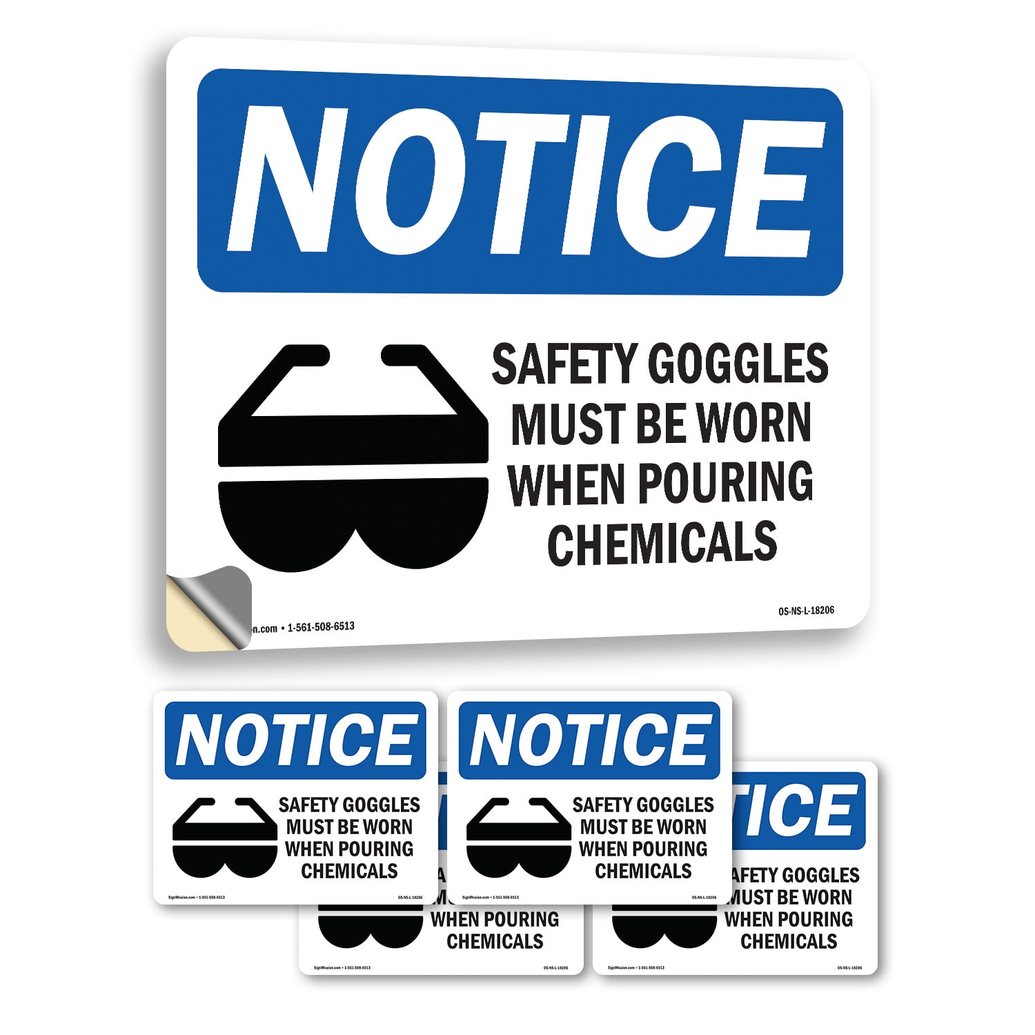 Safety Goggles Must Be Worn With Symbol OSHA Notice Vinyl Decal Label ...