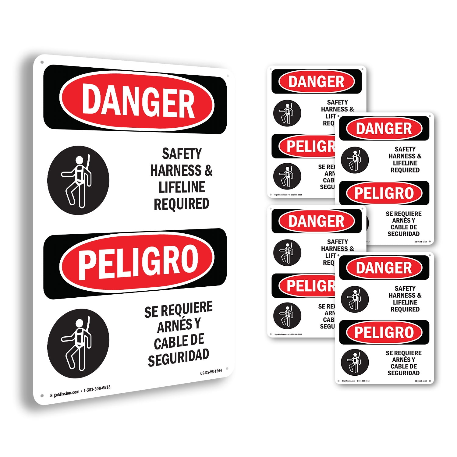 Safety Harness And Lifeline Required Bilingual OSHA Danger Rigid ...