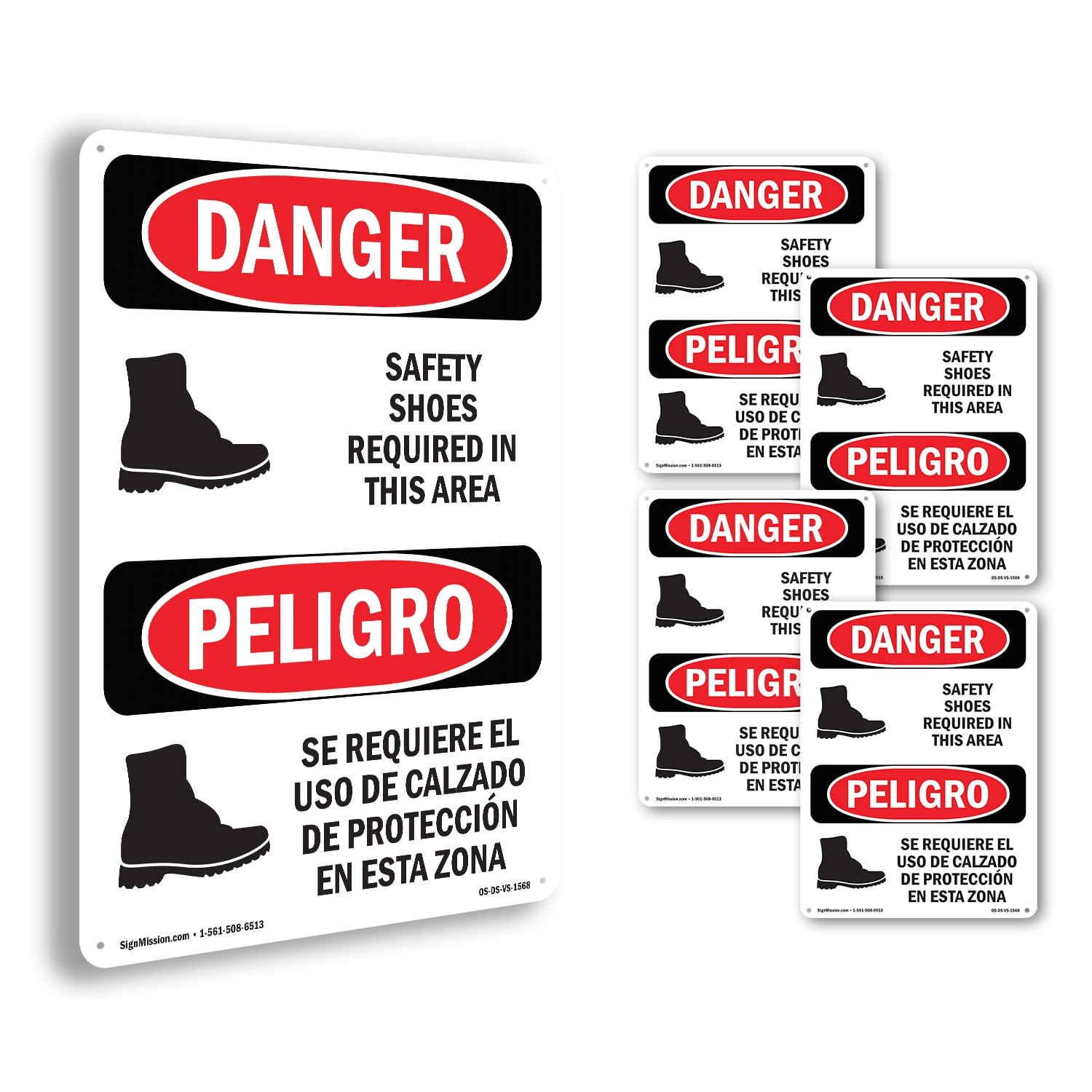 Safety Shoes Required Area Symbol Bilingual OSHA Danger Aluminum Sign ...