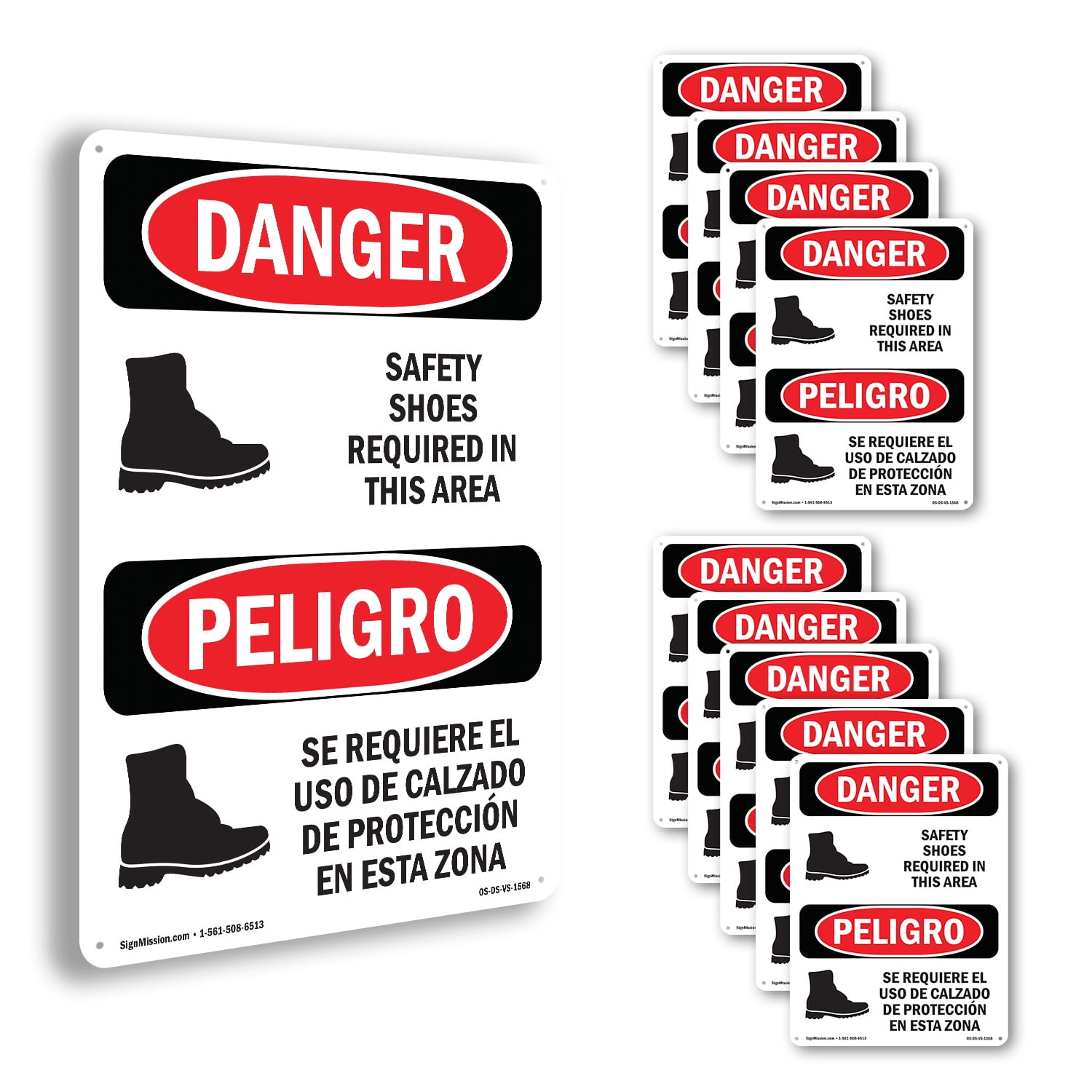 Safety Shoes Required Area Symbol Bilingual OSHA Danger Rigid Plastic ...