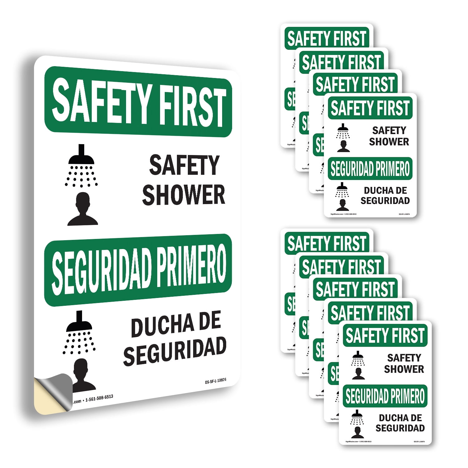 Safety Shower With Symbol Bilingual OSHA SAFETY FIRST Vinyl Decal Label ...