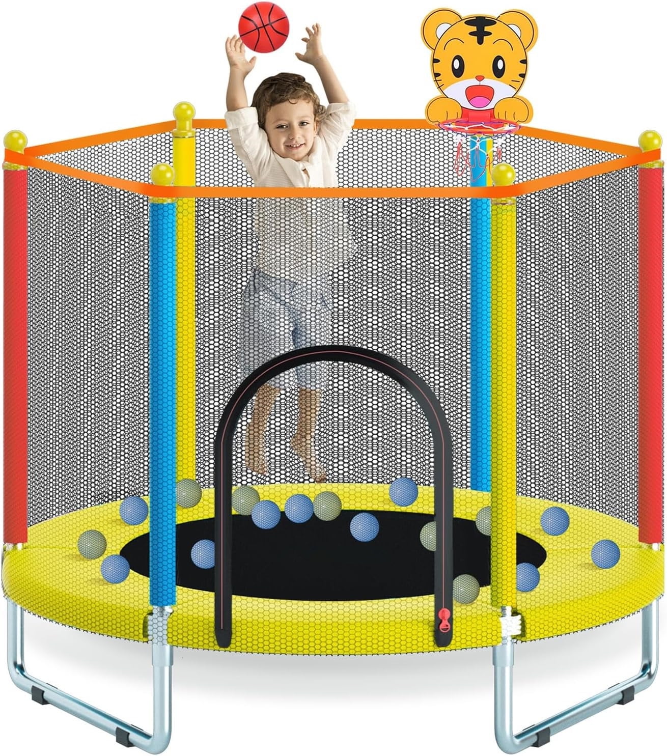 Safety Trampoline with Basketball Hoop – Features an enclosure net for ...