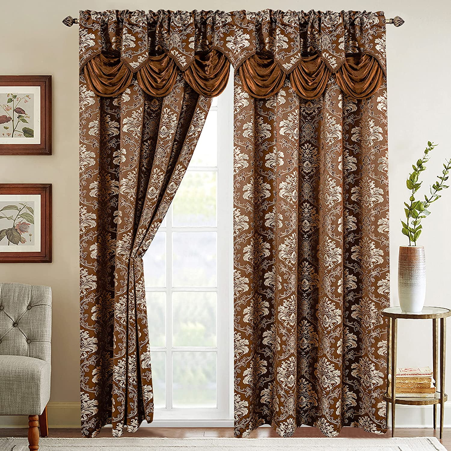 Mocassi Luxury Curtain Panel Set, Jacquard Fabric, Attached Waterfall ...
