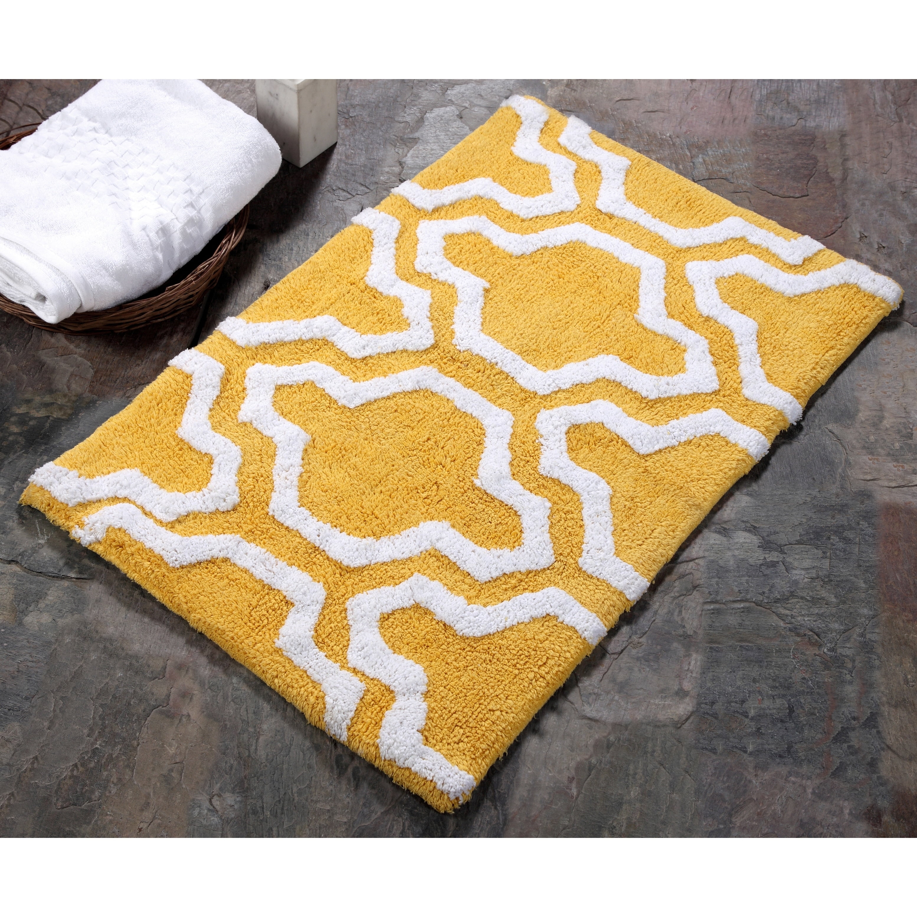 Saffron Fabs 100% Cotton 2-Piece Quatrefoil Bath Rug Set Yellow and ...