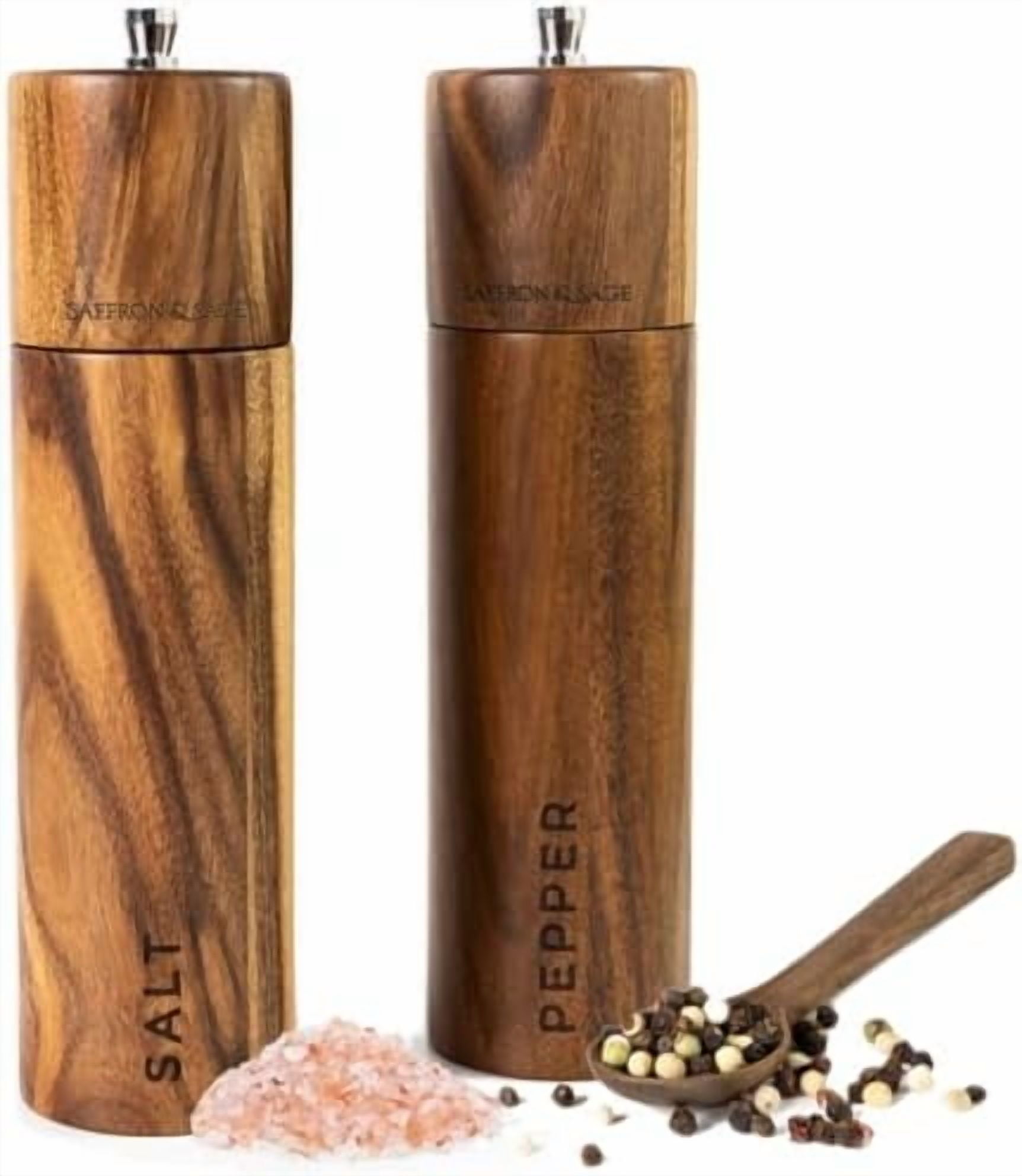 Saffron & Sage Premium Acacia Wood Salt and Pepper Grinder Set of 2-8 ...