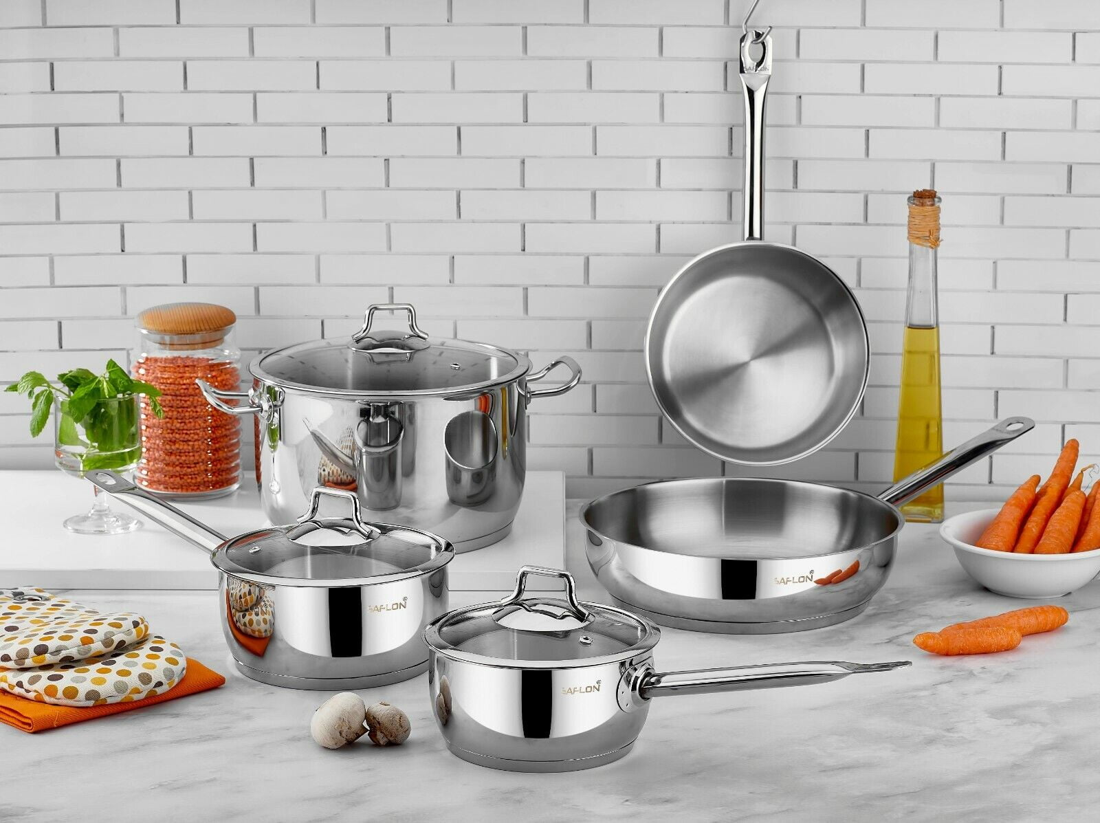 Saflon Stainless Steel Tri-Ply Bottom 8 Piece Cookware Set Induction ...