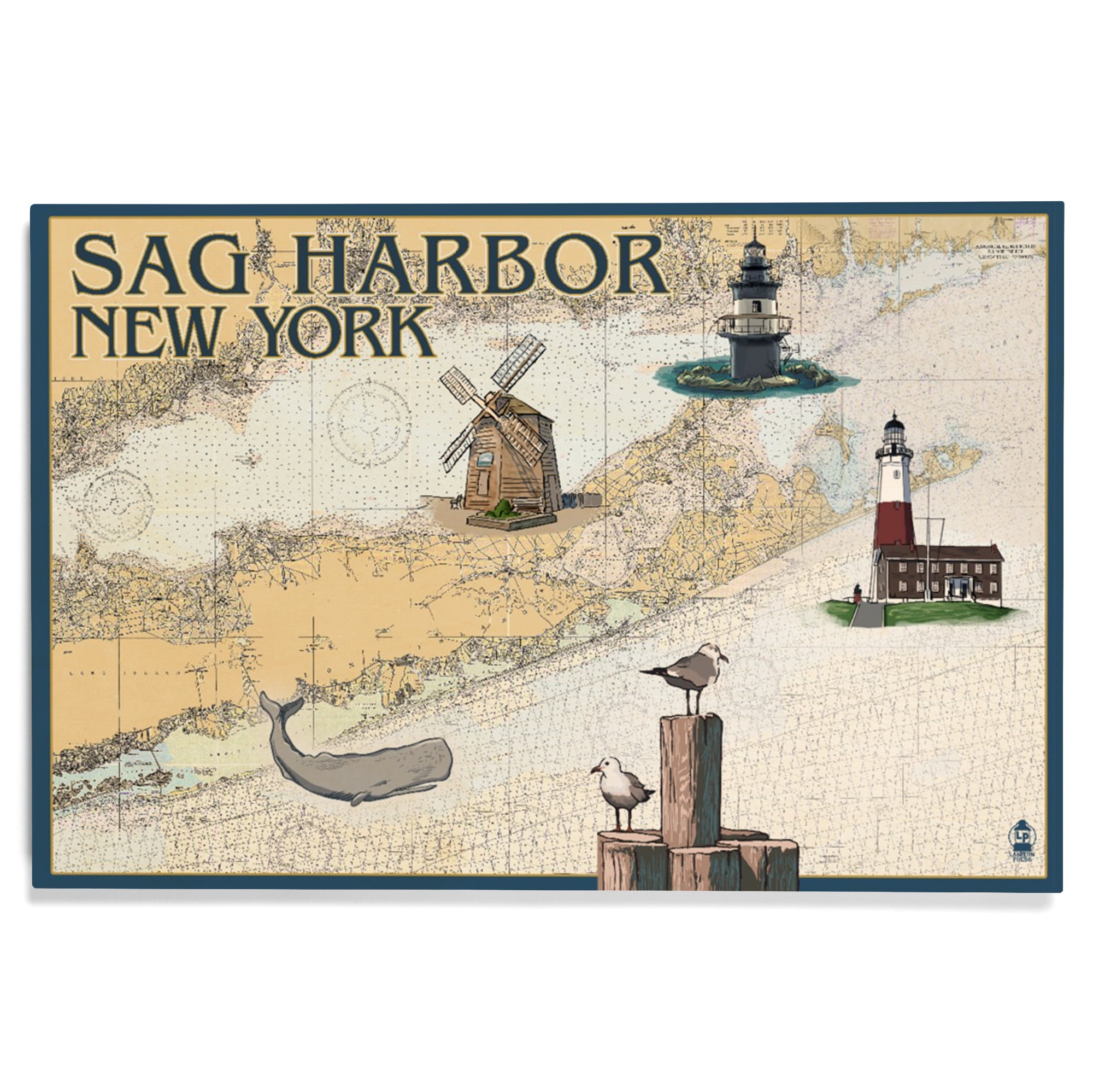 Sag Harbor, New York, Nautical Chart with Windmill Birch Wood Wall Sign ...