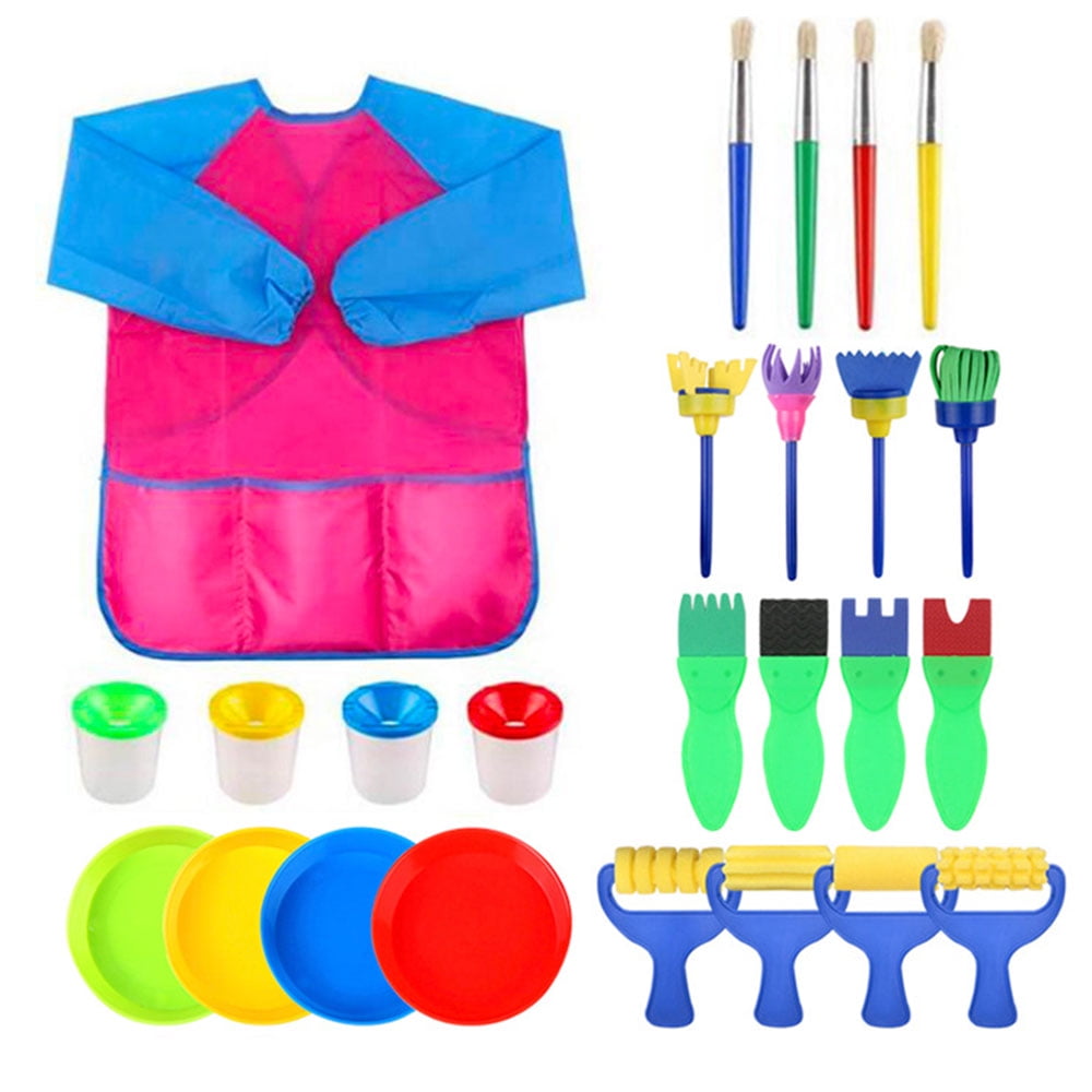 SagaSave 25Pcs Kids Sponge Painting Brush Set Waterproof Painting Apron ...