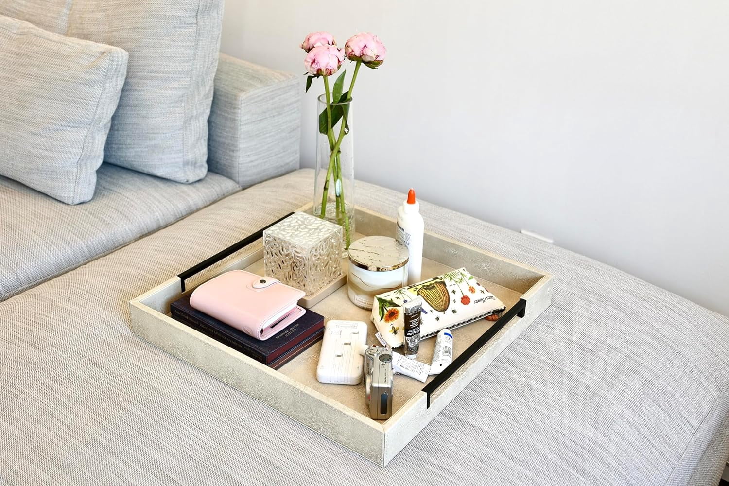 Sagala Extra Large 20" Square Ivory Shagreen Leather Ottoman Tray with ...