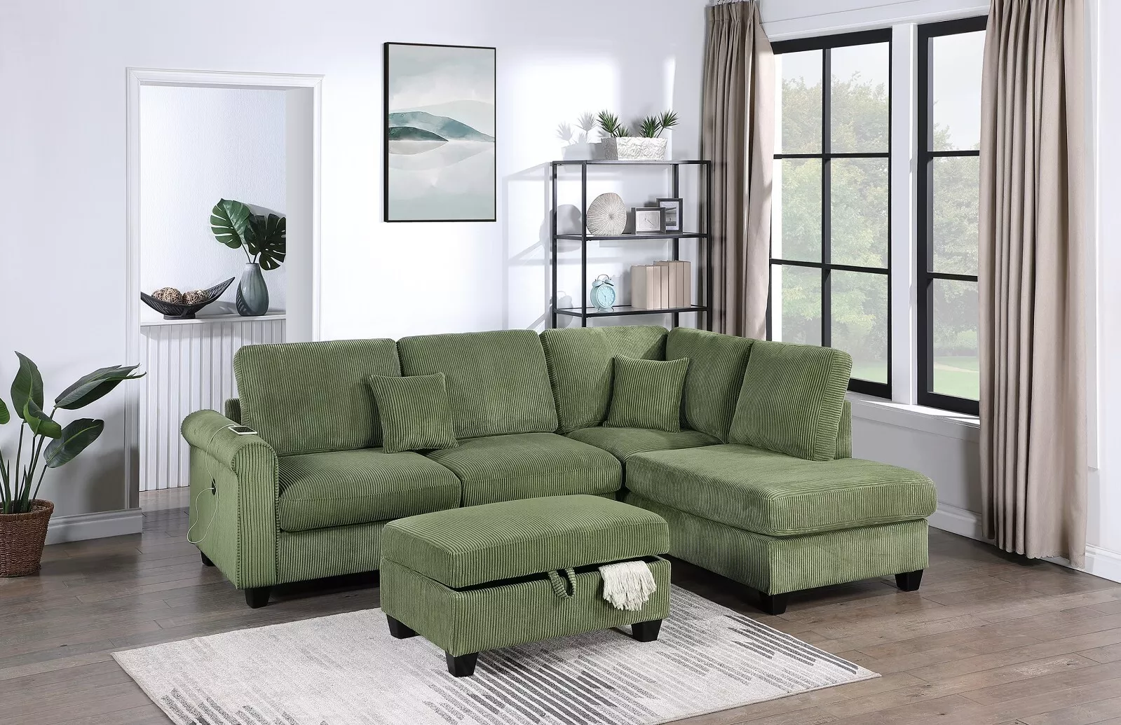 Sage Corduroy Upholstered 3pc Sectional Sofa Living Room Set Modern LAF ...