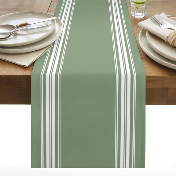 Sage Dark Table Runner 13x36 inch Green White Striped Cotton Linen ...
