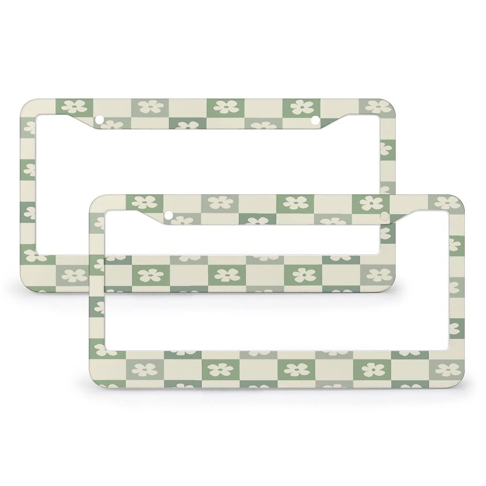 Sage Floral Checker Aluminum Metal Car License Plate Frame Covers With ...