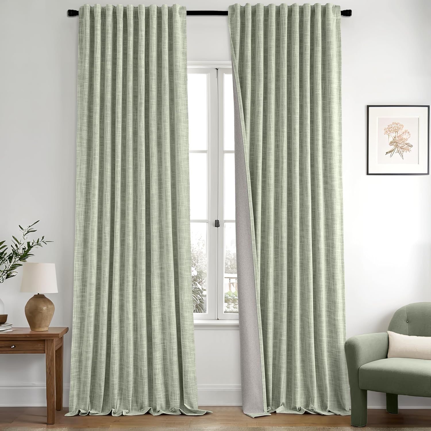 Sage Green 100% Blackout Linen Curtains 84 Inch 2 Panels Set Double ...