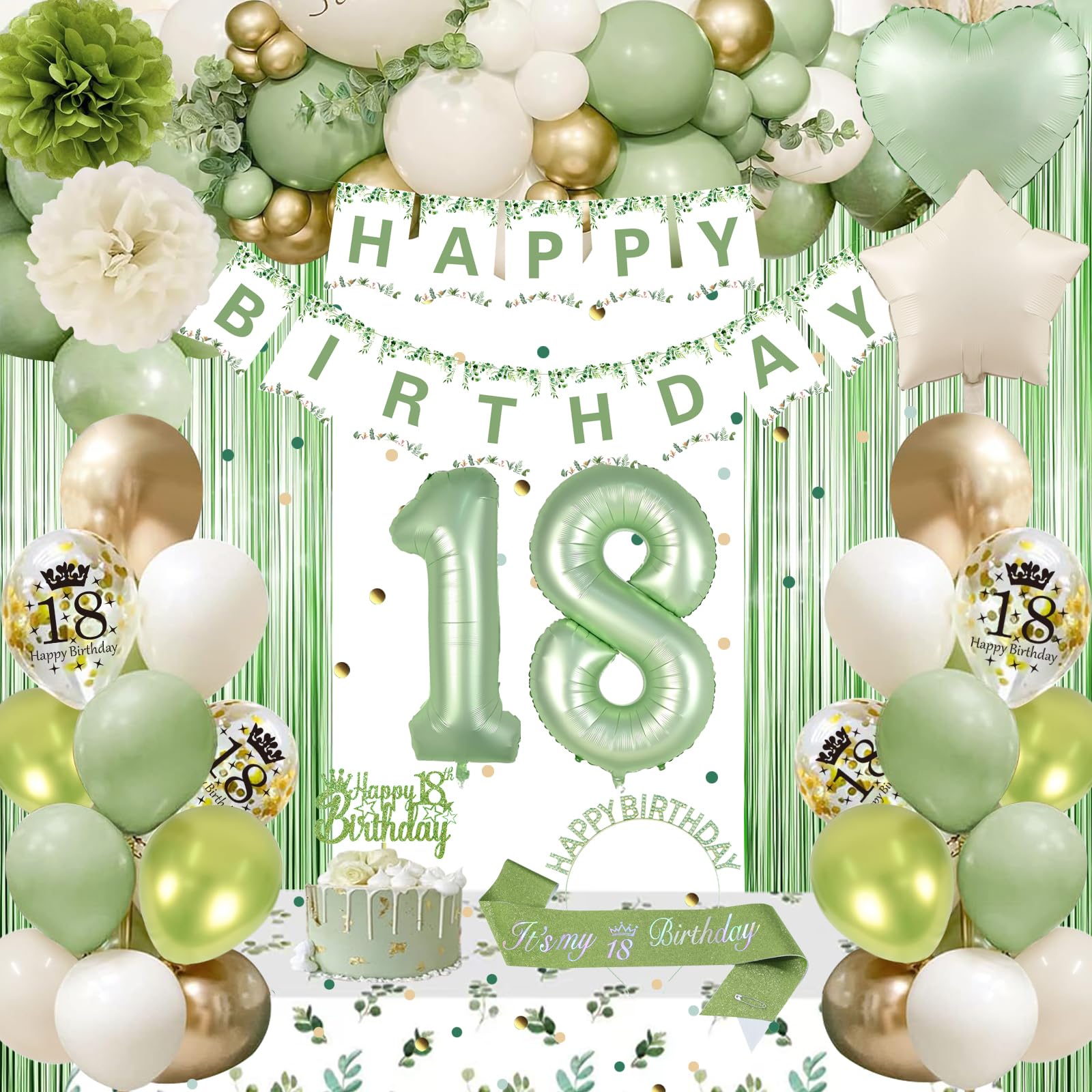 Sage Green 18th Birthday Decorations - AFN1Happy Birthday Banner, Gold ...