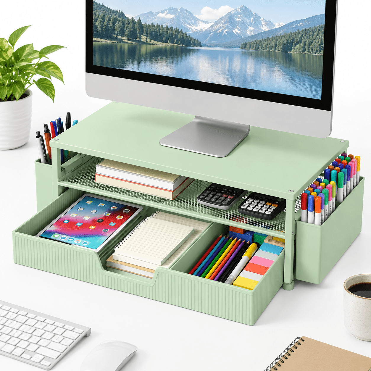 Sage Green 2-Tier Desktop Monitor Stand Organizer with Drawer and Pen ...
