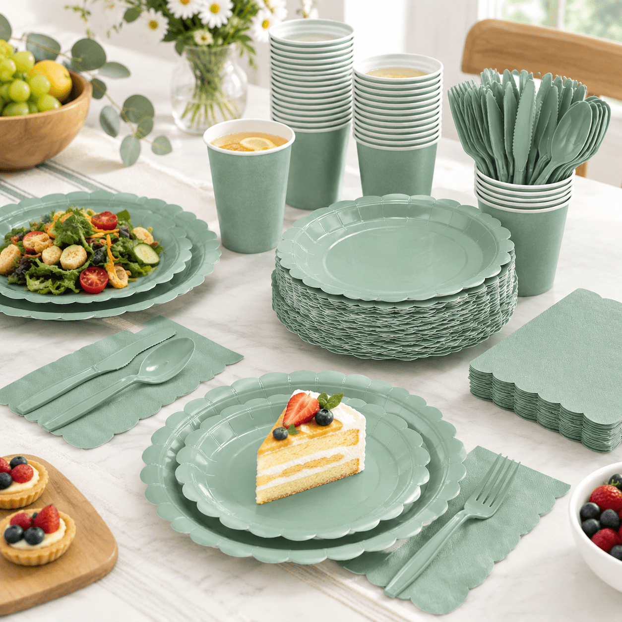 Sage Green 350 Piece Disposable Party Tableware Set for 50 Guests ...