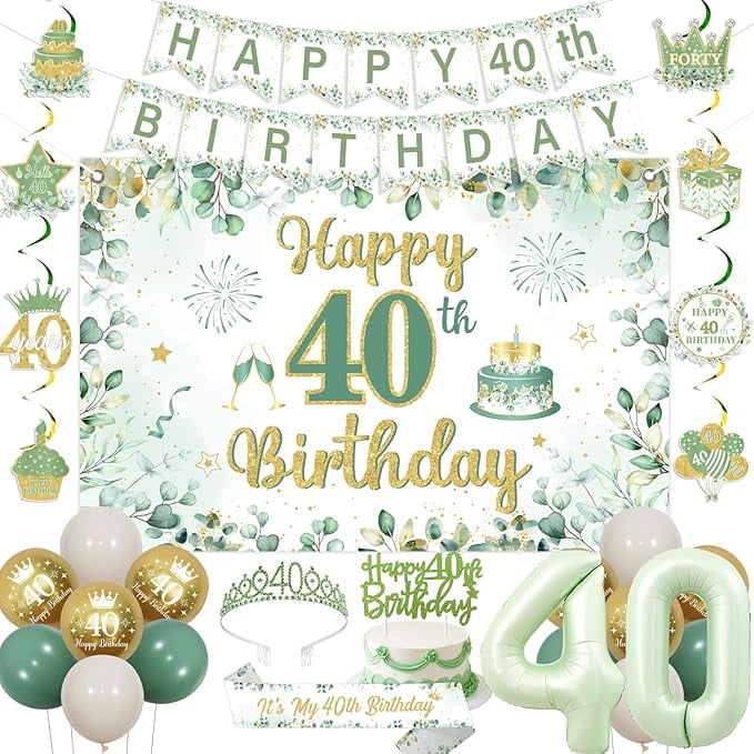 Sage Green 40th Birthday Decorations for Women, Happy 40th Birthday ...