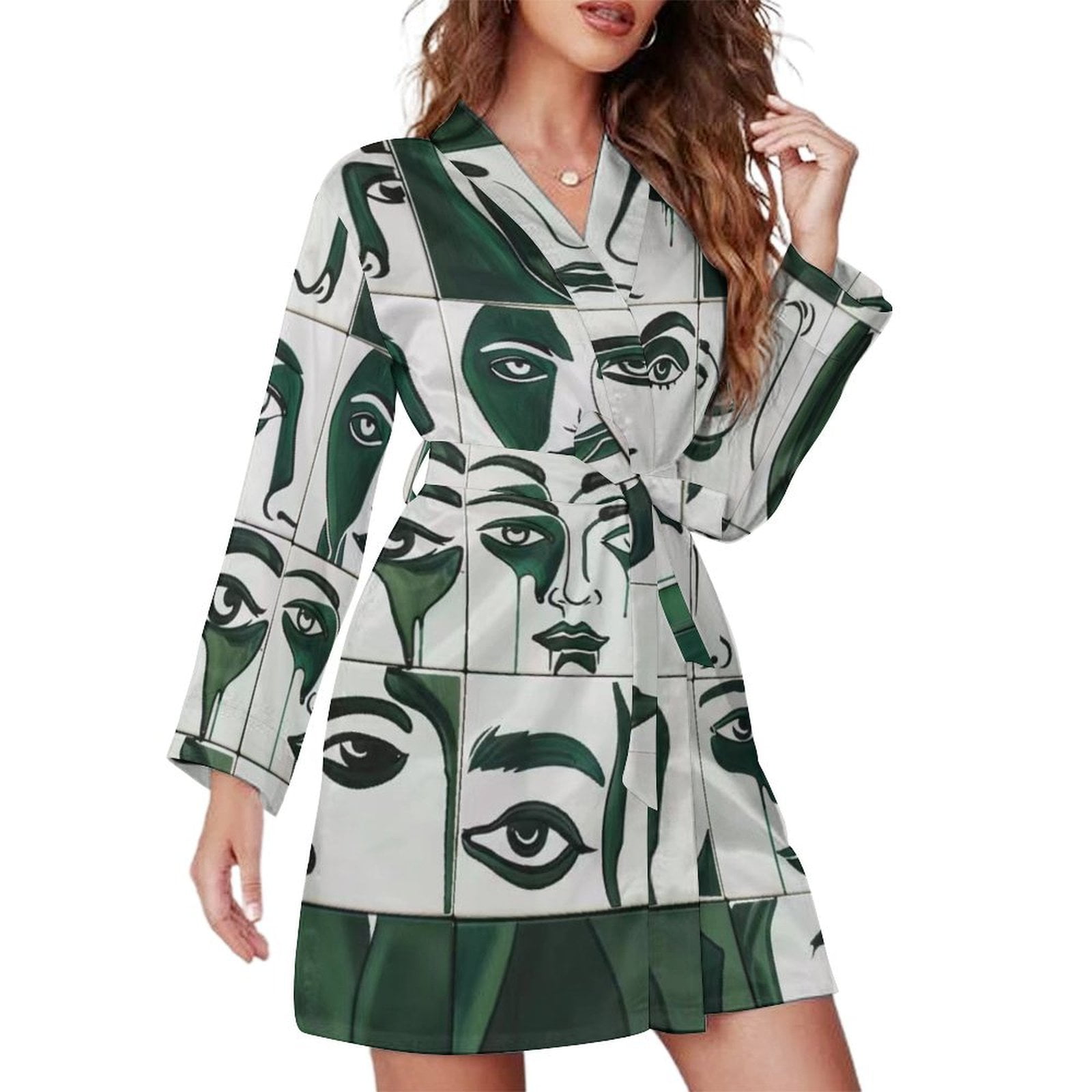 Sage Green Abstract Art Figure Night Robe Long Sleeve V Neck Robe With ...