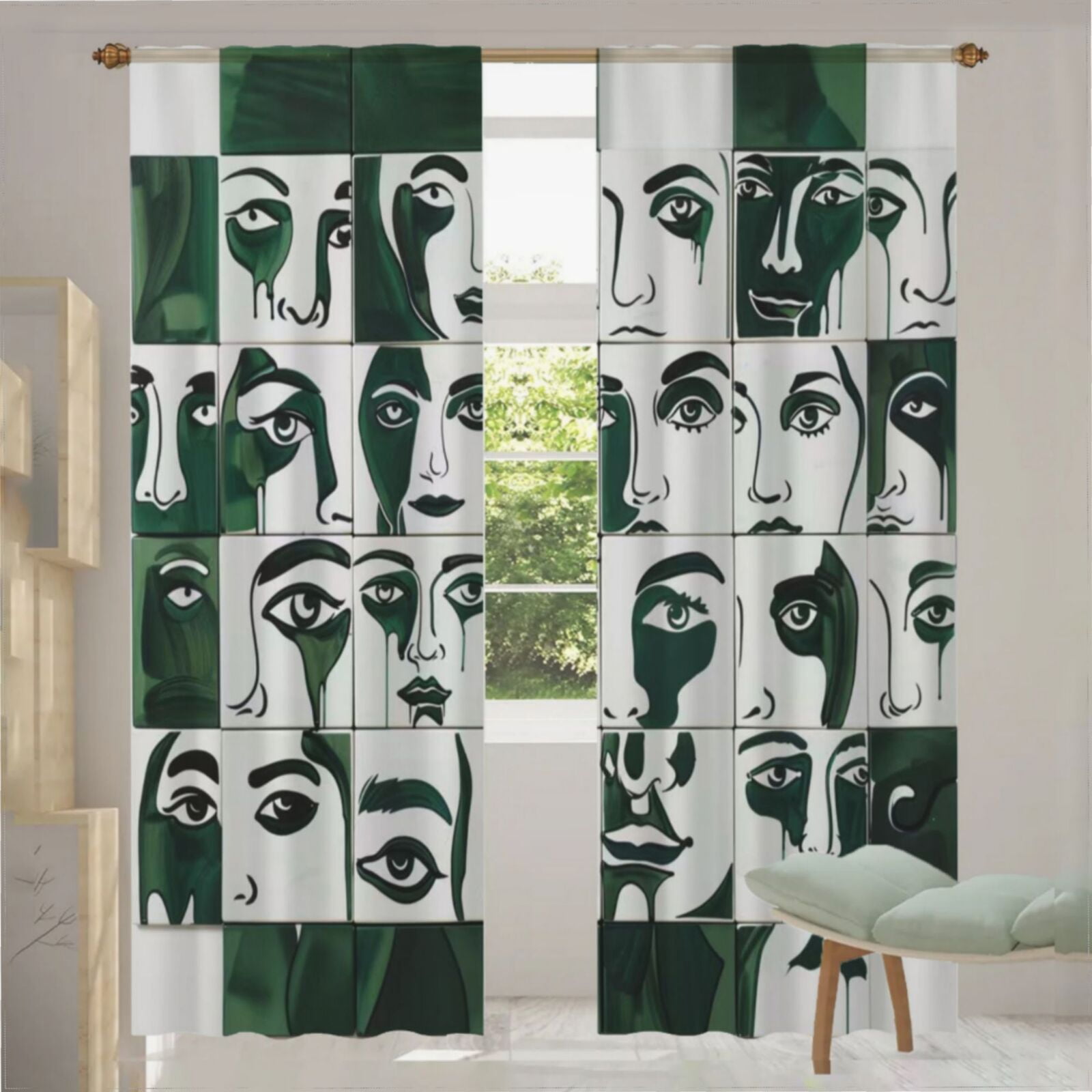 Sage Green Abstract Art Figure Tulle Sheer Window Curtains For Living ...