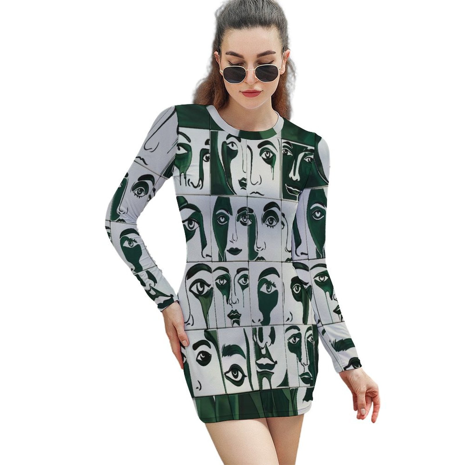 Sage Green Abstract Art Figure Women's Long Sleeve Bodycon Dress Soft ...