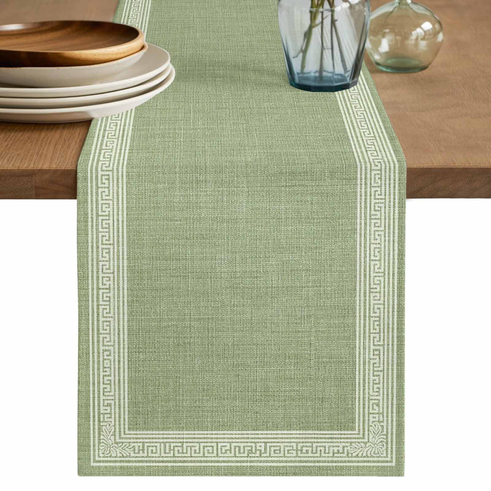Sage Green Abstract Art Table Runner, Greek Key Vintage Linen Geometric ...