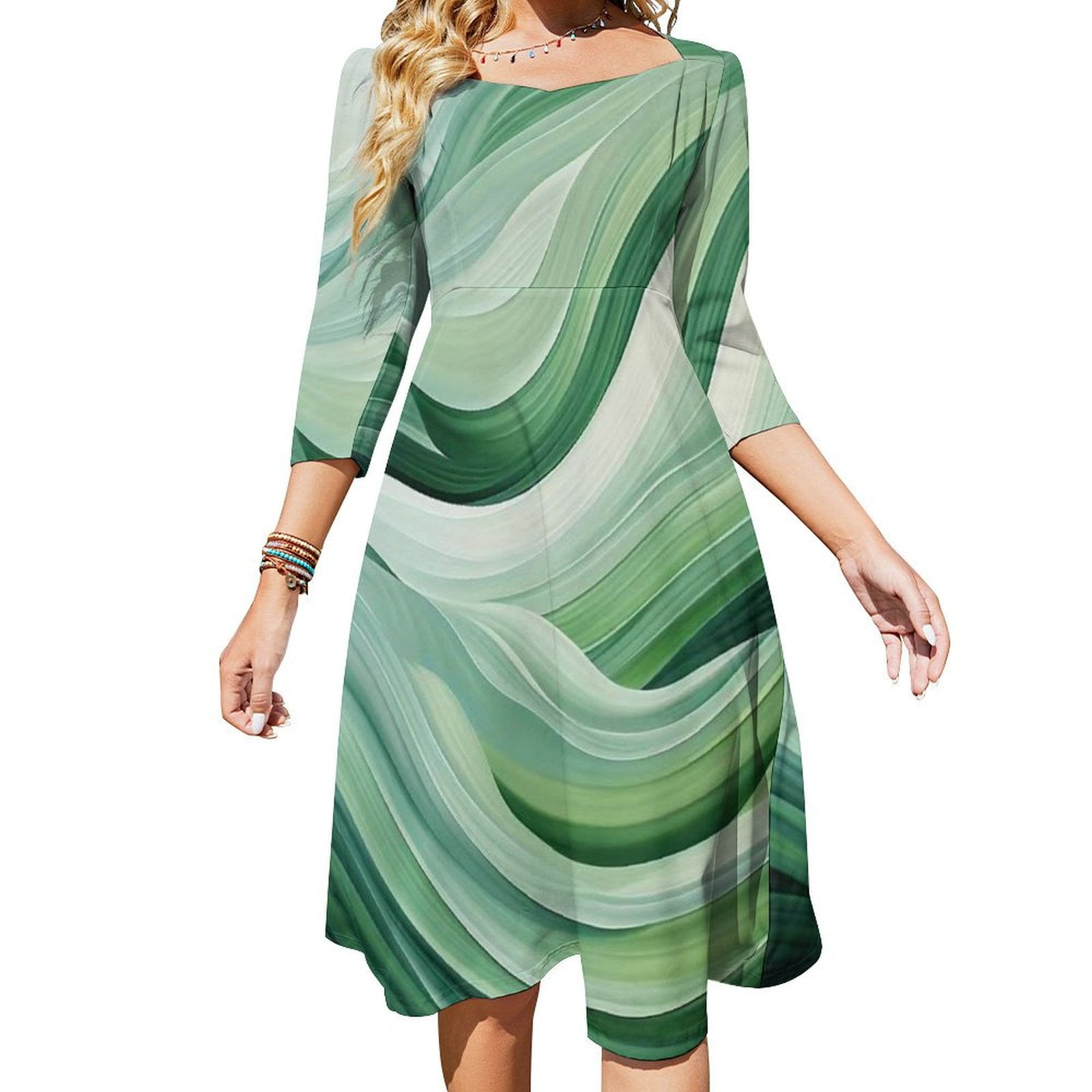 Sage Green Abstract Art Women's 3/4 Sleeve Dresses Elegant A-Line Midi ...