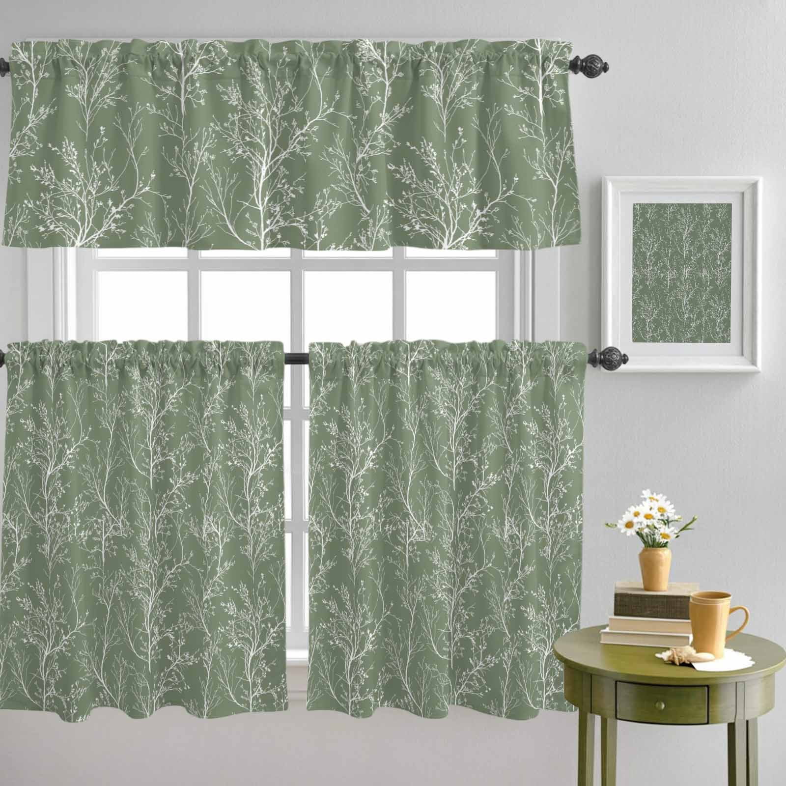 Sage Green Abstract Branches Curtain Tier and Valance Set 3 Piece ...