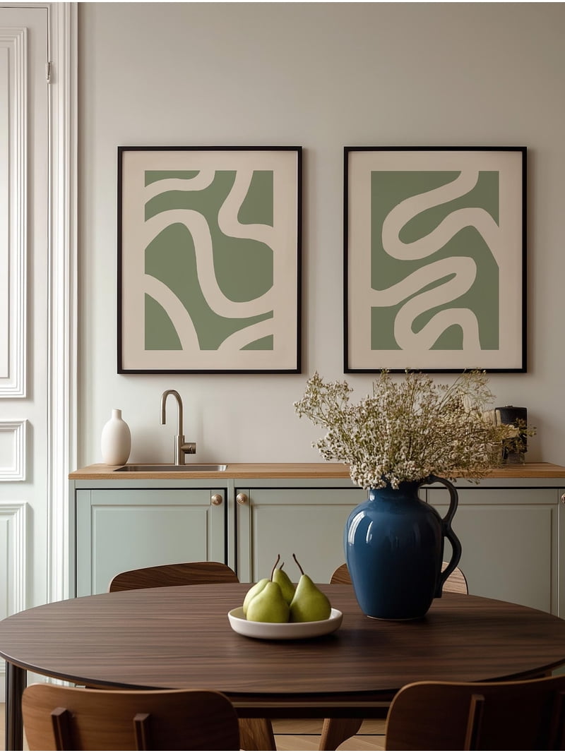 Sage Green Abstract Wavy Lines Wall Art Neutral Boho Modern Minimalist ...