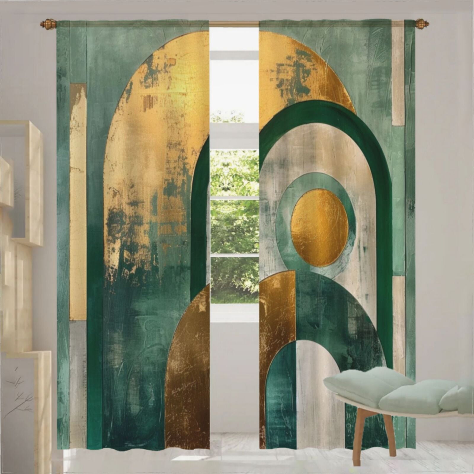 Sage Green And Gold Abstract Texture Tulle Sheer Window Curtains For ...