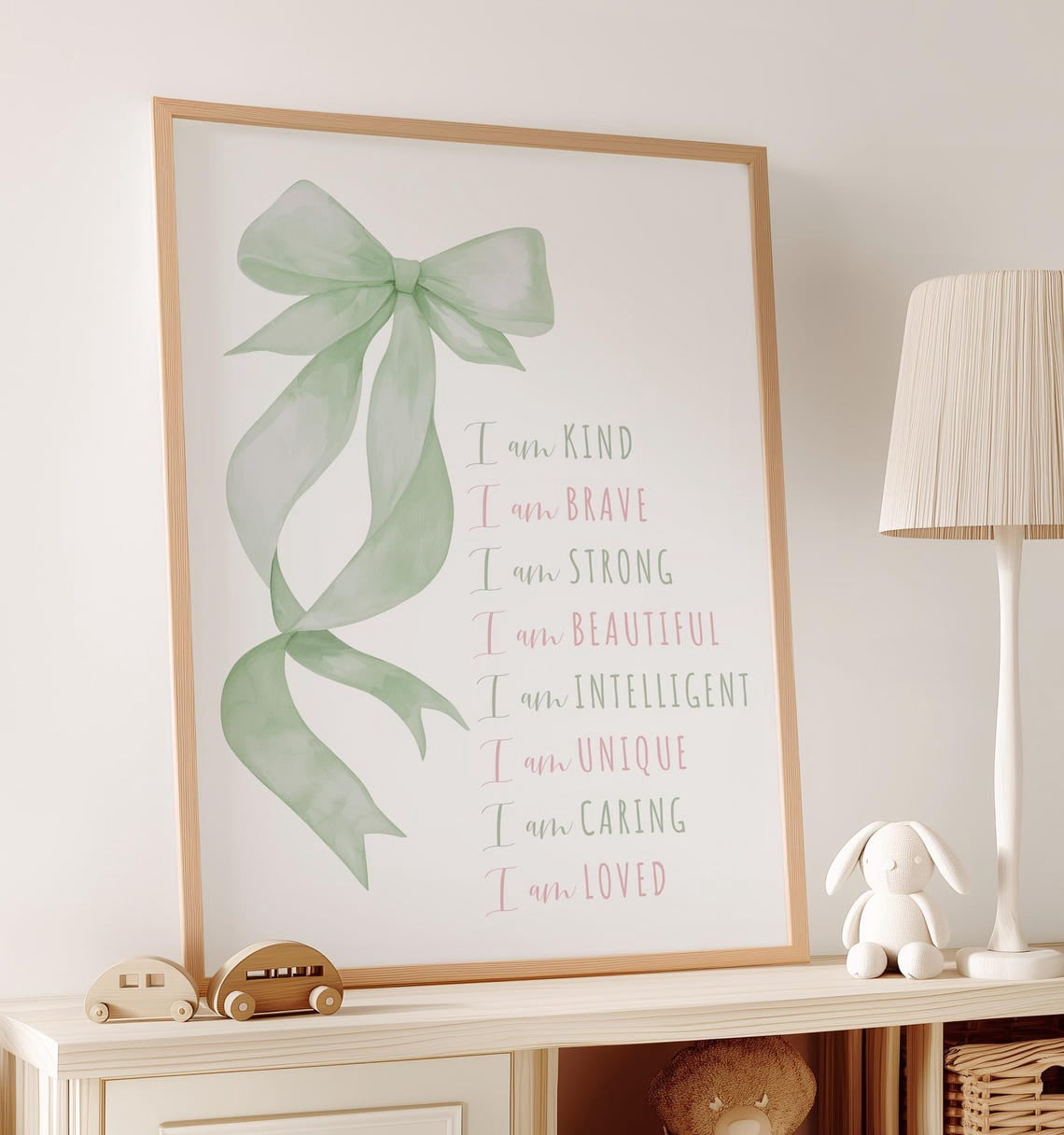 Sage Green And Pink Bow Positive Affirmations Wall Art, Inspirational ...