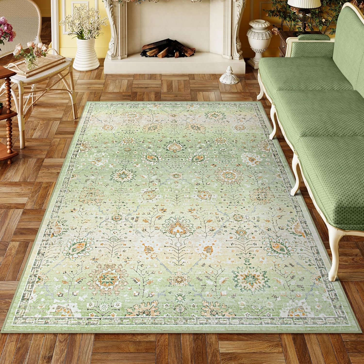 Sage Green Area Rug, 5x7 Soft Boho Large Floral Rug for Living Room ...