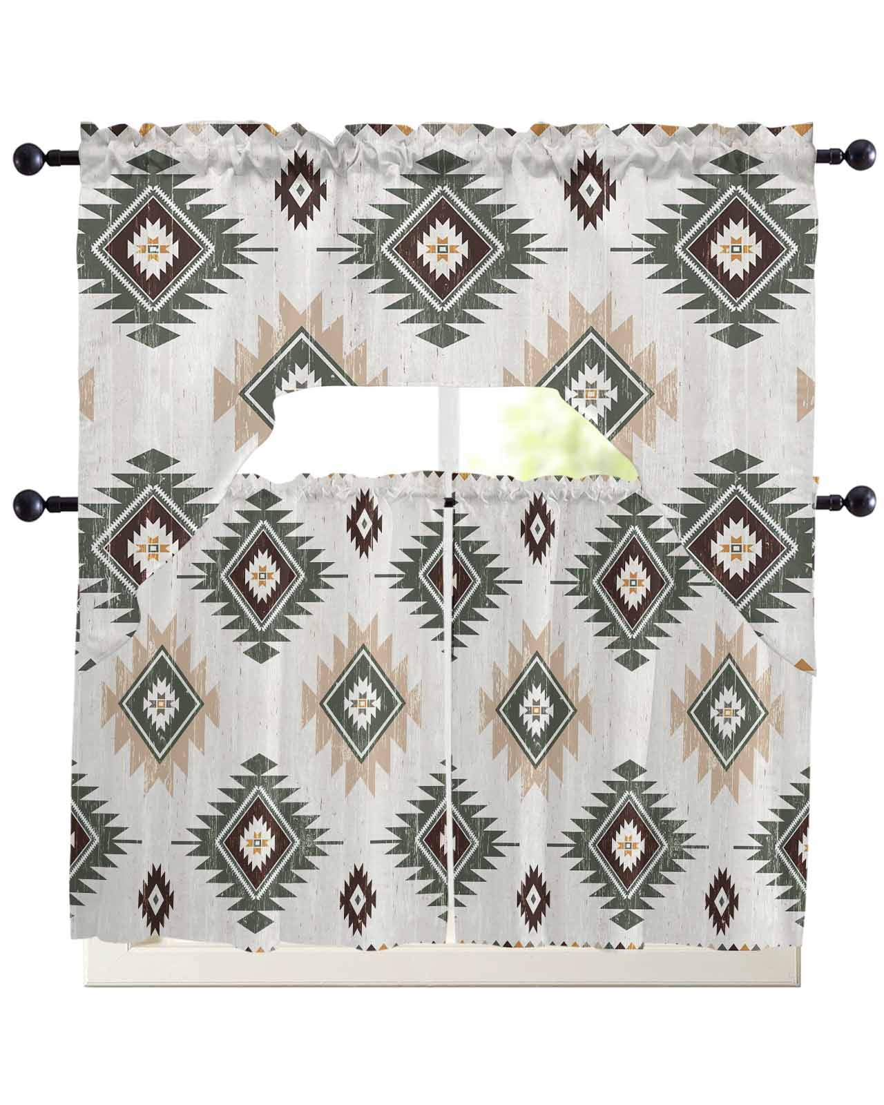 Sage Green Aztec Kitchen Curtains Sets 24 Inch Length with Valance, Southwest Boho Ethnic Chic ...