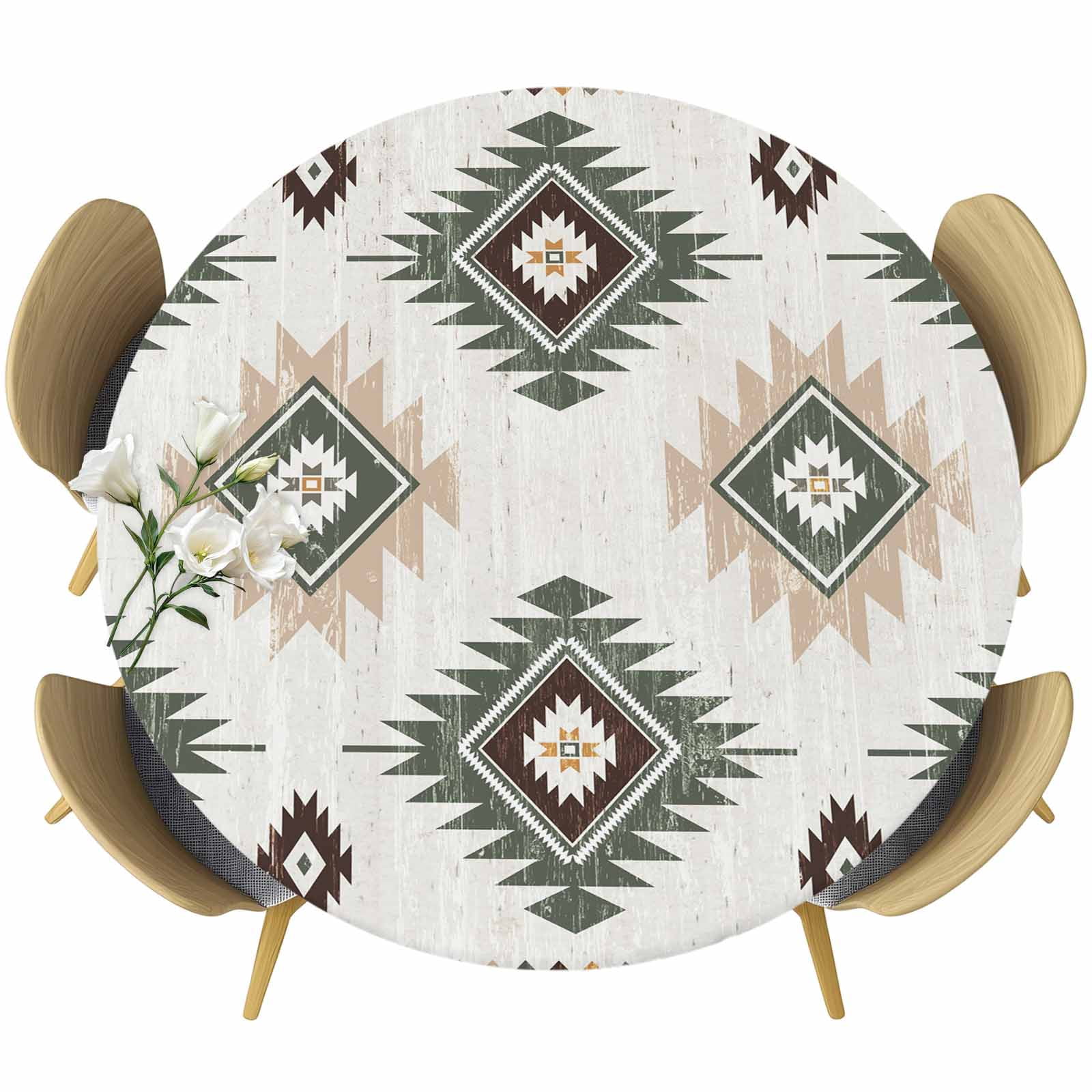 Sage Green Aztec Round Tablecloth 55-60 Inch Round Fitted Table Cloth with Elastic Edge ...