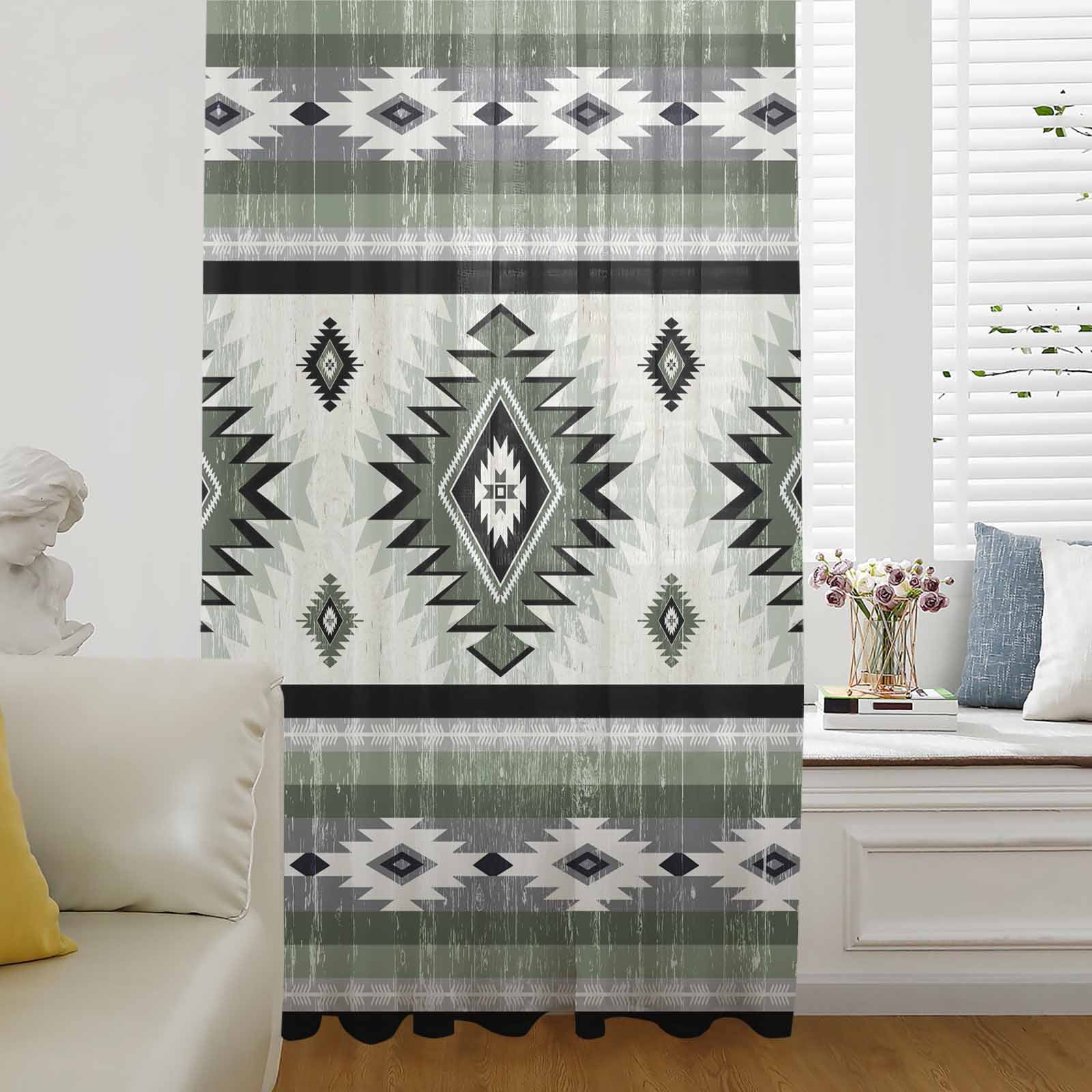 Sage Green Aztec Window Curtain 45 Inches Long,Southwest Bohemian Country Farmhouse Semi Sheer ...