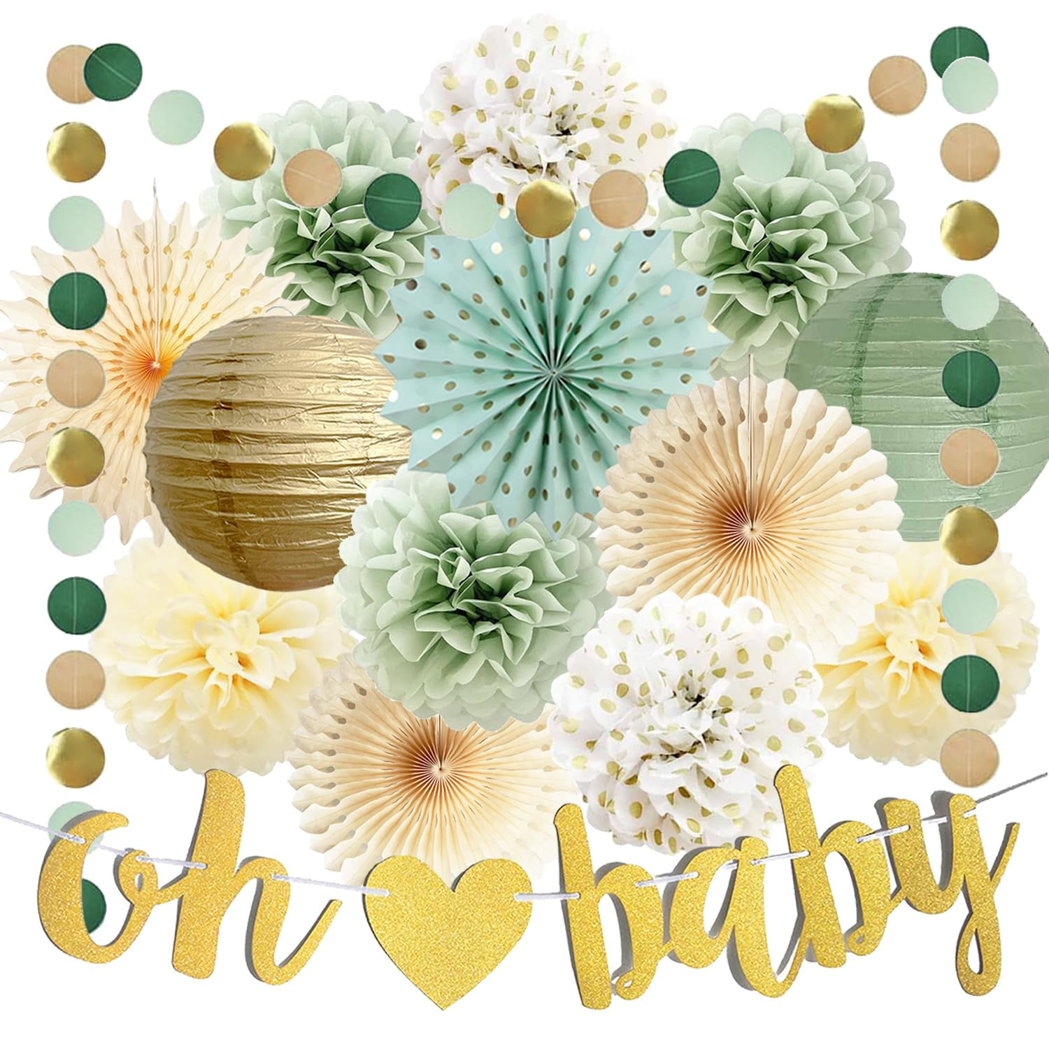 Sage Green Baby Shower Decorations Oh Baby Banner Tissue Paper Pom Poms ...