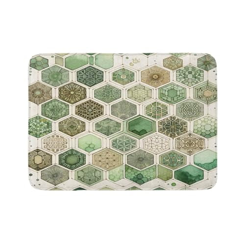 Sage Green Bath Mat, Hexagon Honeycomb Pattern with Abstract Trippy ...