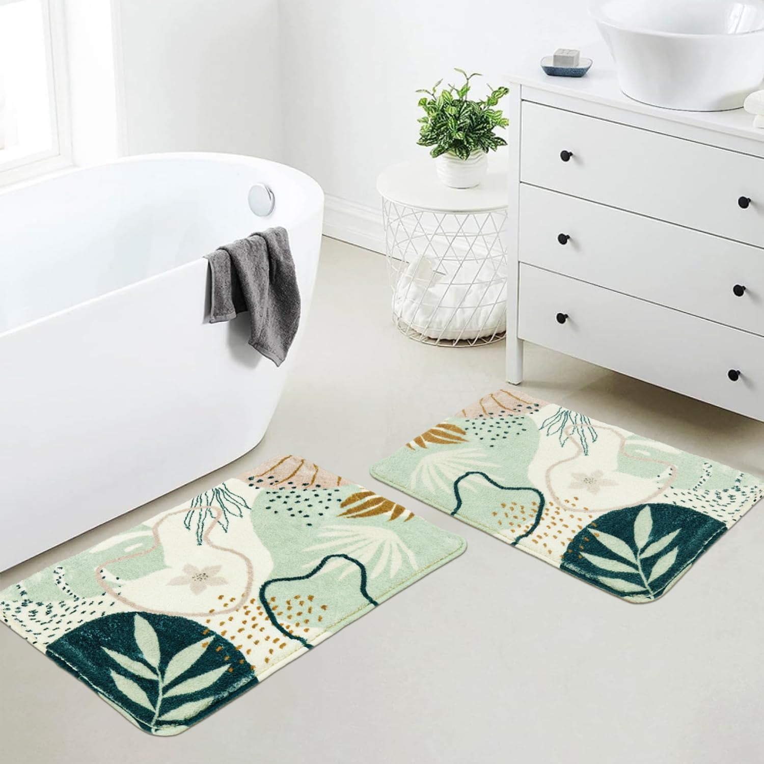 Sage Green Bathroom Rug Set, Cute Abstract Plant Bath Mat Set, Non Slip ...
