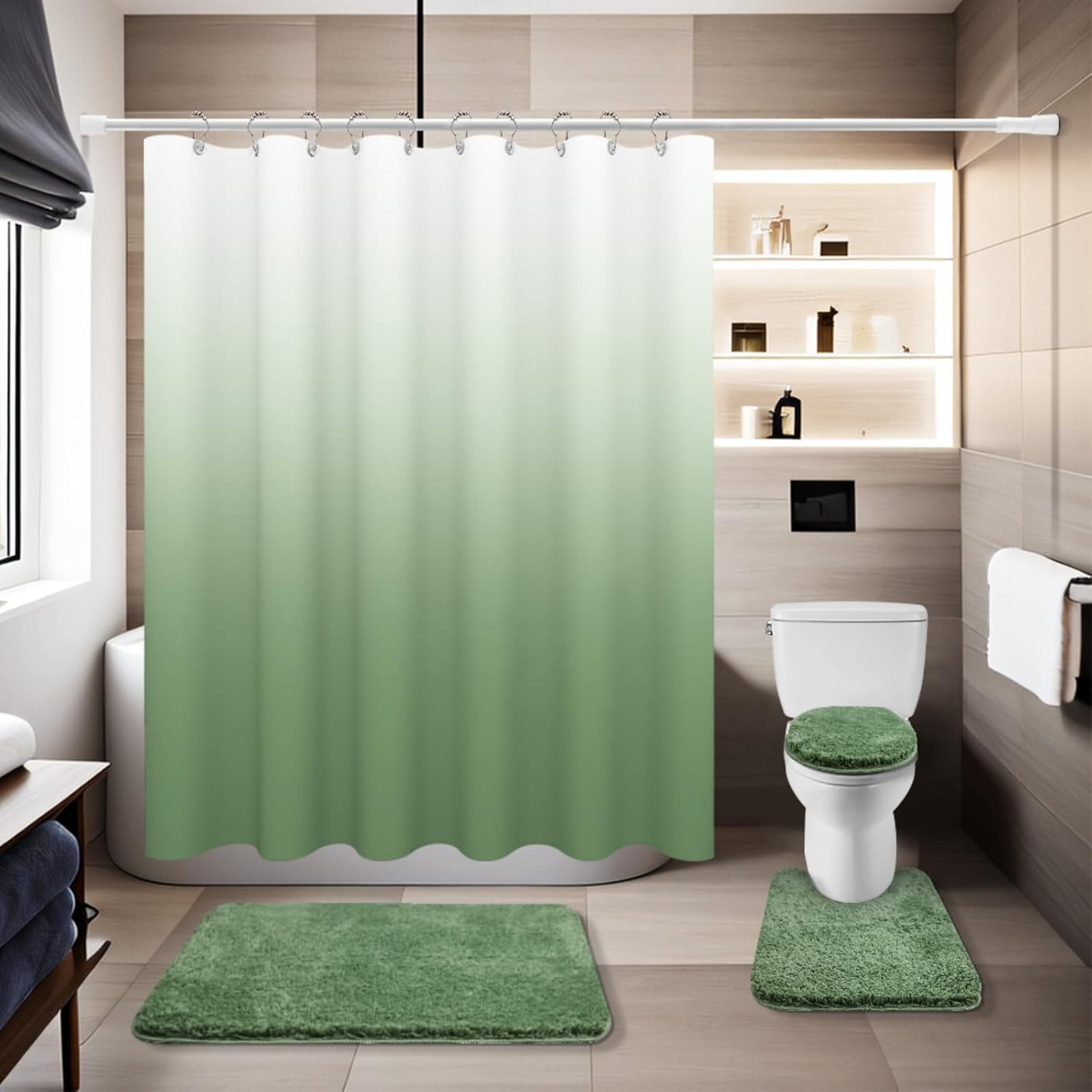 Sage Green Bathroom Sets with Shower Curtain and Rugs Waterproof Shower ...