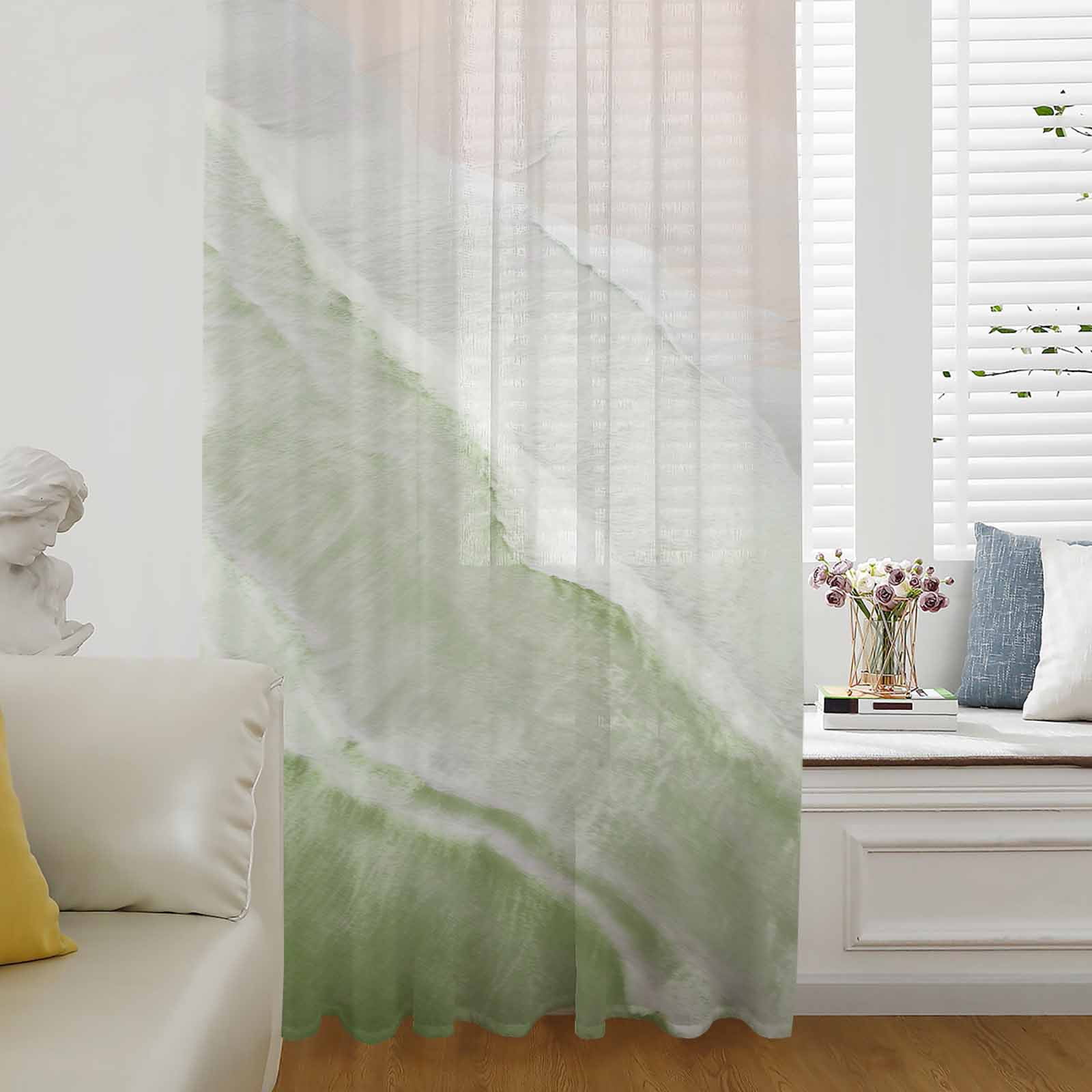 Sage Green Beach Window Curtain 84 Inches Long,Coastal Waves Modern ...