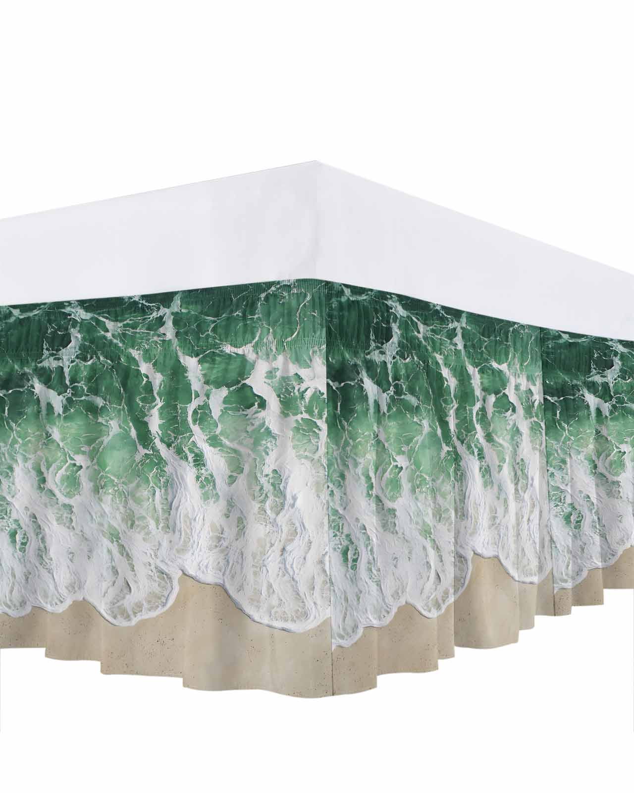 Sage Green Bed Skirt King Size 16 Inch Drop, Ocean Wave Coastal Beach Seaside Scenery Abstract ...