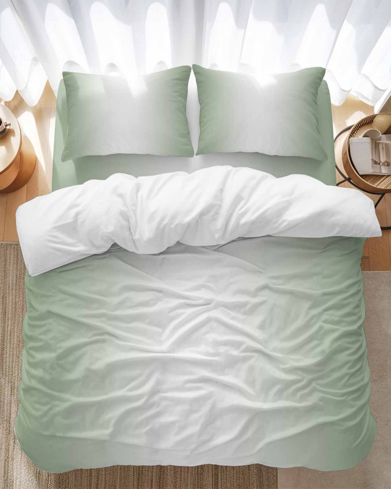 Sage Green Bedding Duvet Cover Set Queen Size 4 Pieces and White ...