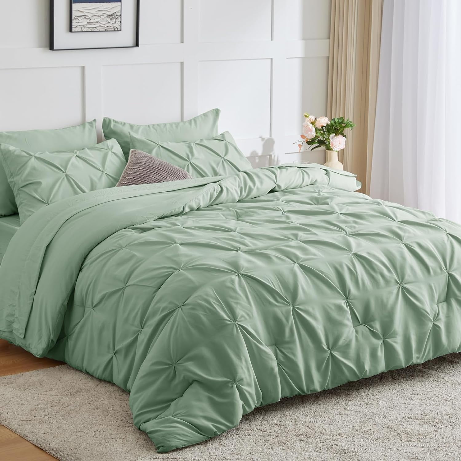 Sage Green Bedding Set 7 Pieces Pintuck Breathable Light Green ...