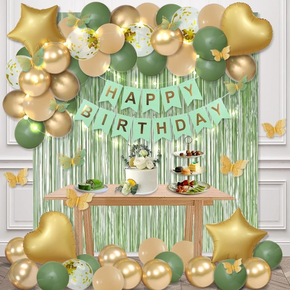 Sage Green Birthday Decorations with Happy Bithday Banner, Curtains ...