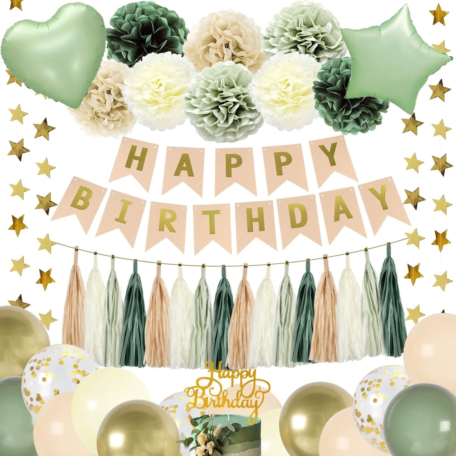 Sage Green Birthday Party Decorations, Olive Green Gold Balloons with ...