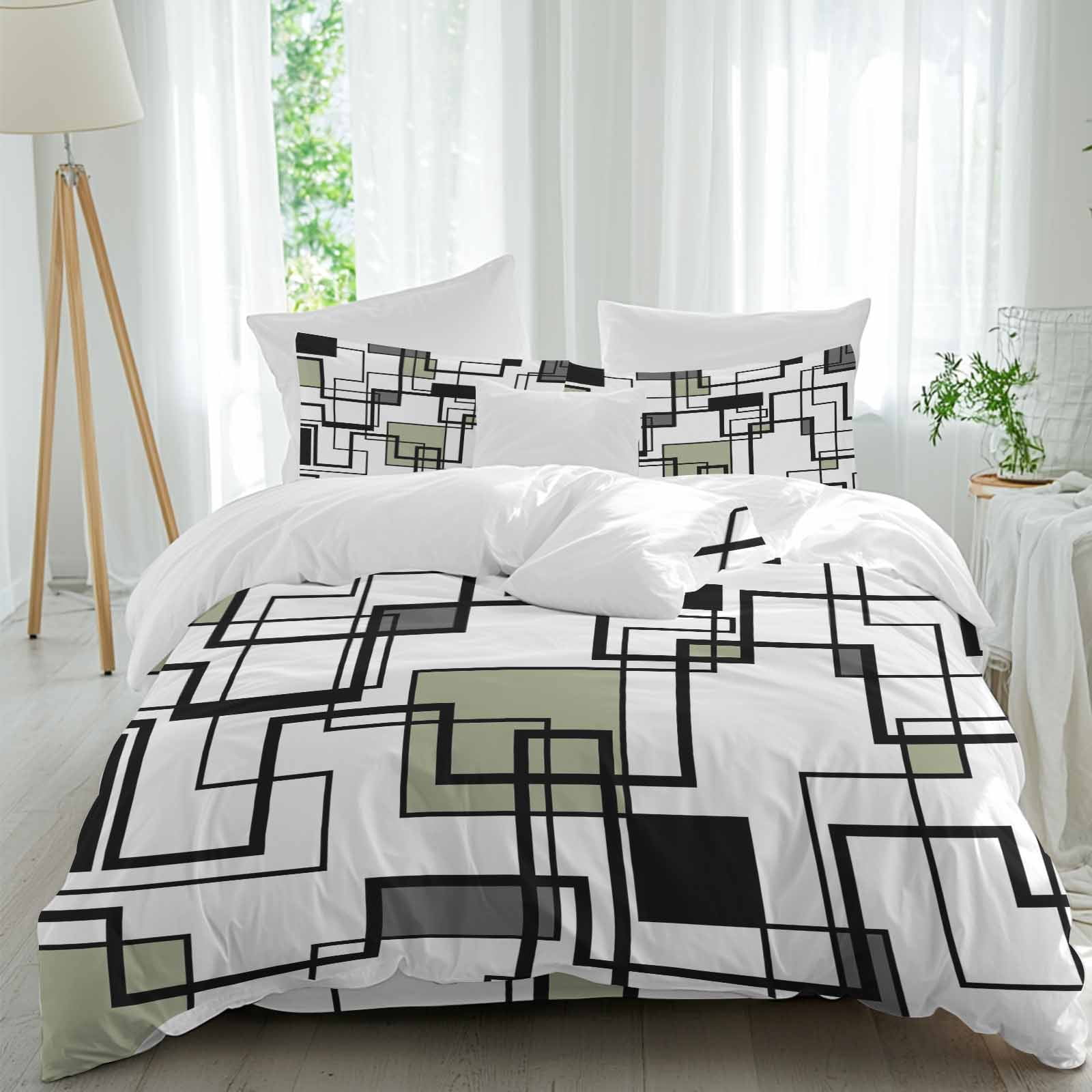 Sage Green Black Gray Comforter Set Queen Size, Abstract Geometric ...