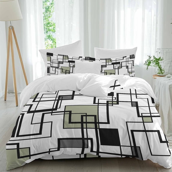 Sage Green Black Gray Comforter Set Queen Size, Abstract Geometric ...