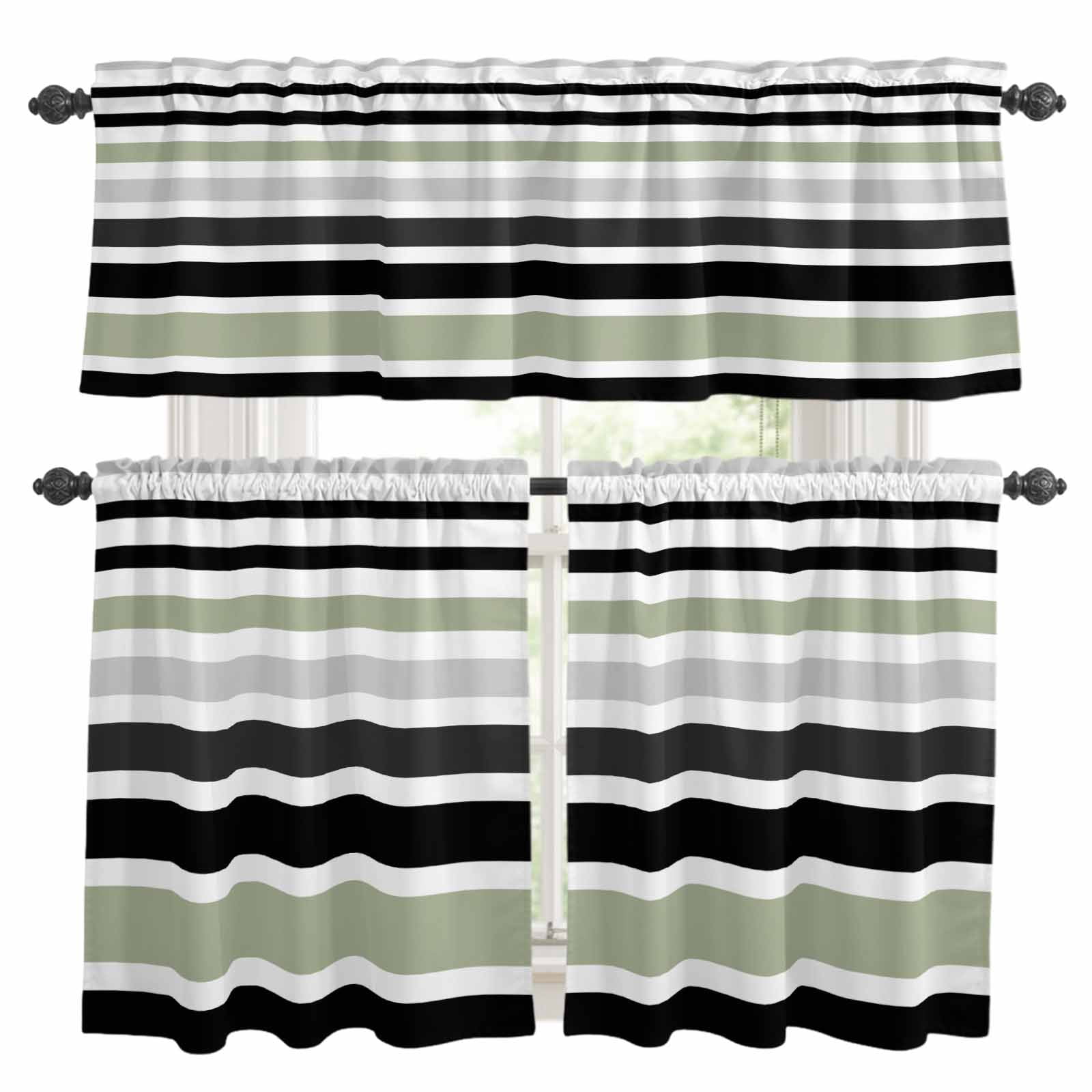 Sage Green Black Stripe Kitchen Curtains Sets for Windows 36 Inch ...