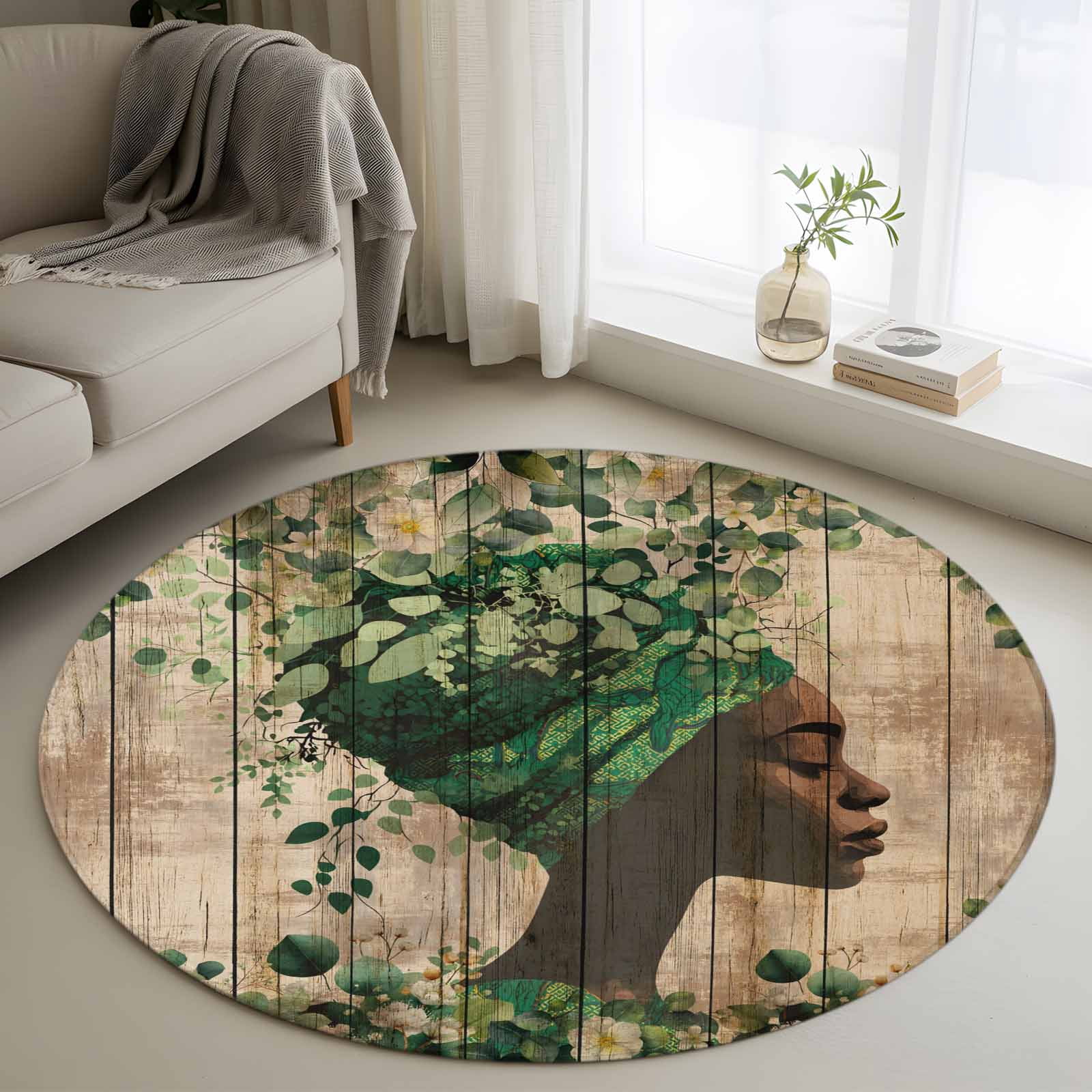 Sage Green Black Women Round Rug 3ft Washable Circle Entryway Rugs Non ...