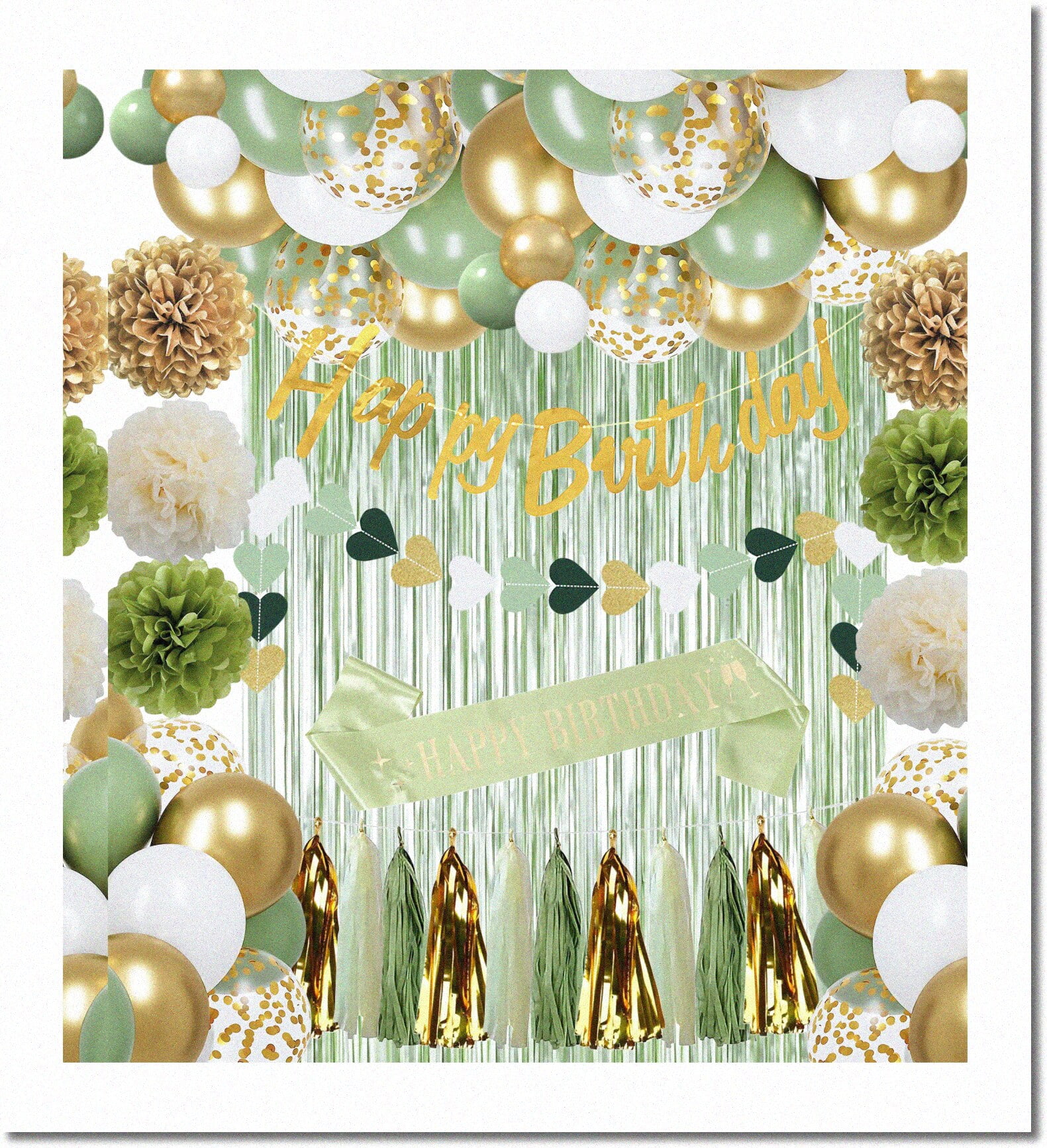 Sage Green Blissful Birthday Bash Set: Happy Birthday Banner, Fringe ...