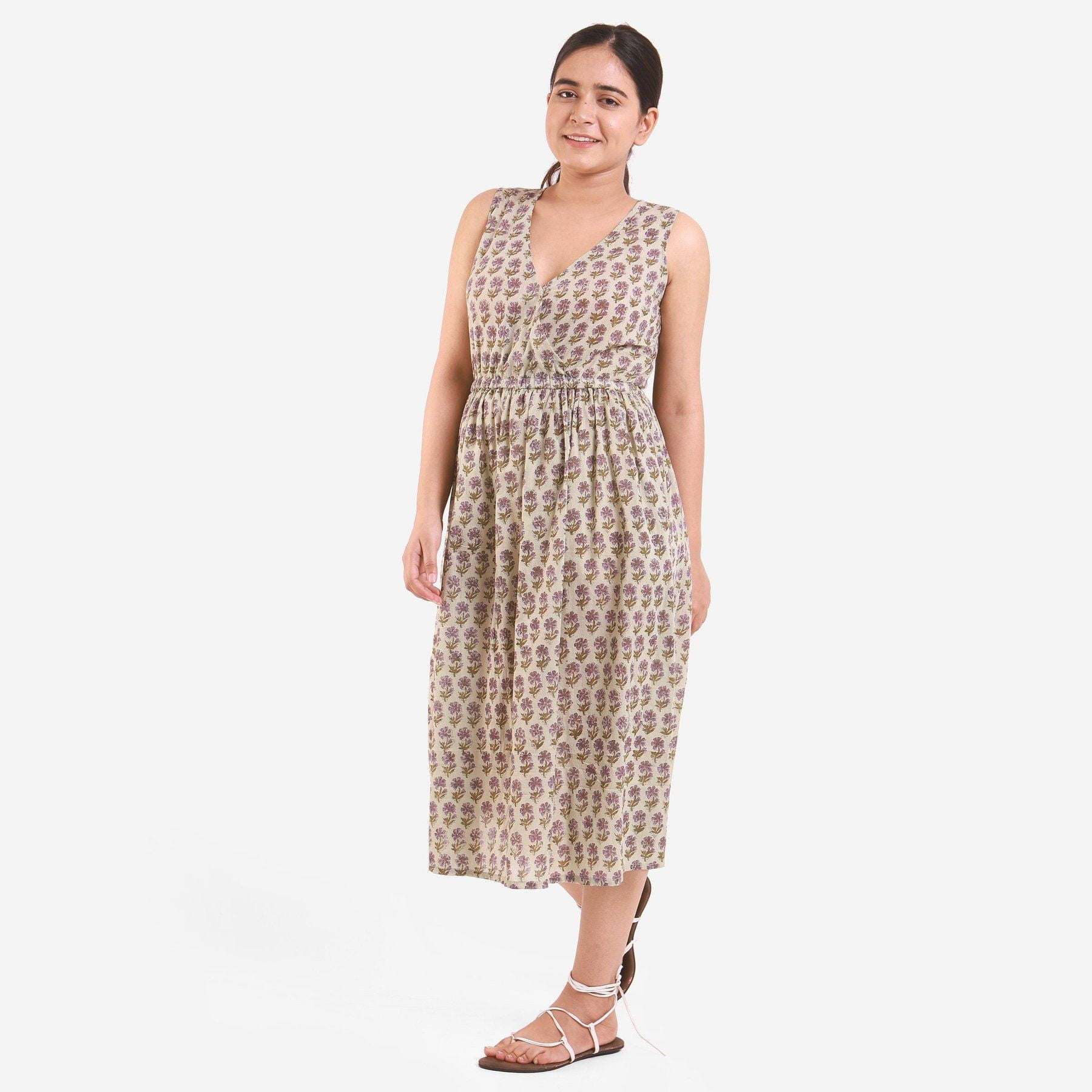 Sage Green Block Print Floral Cotton Midi Wrap Dress - Walmart.com